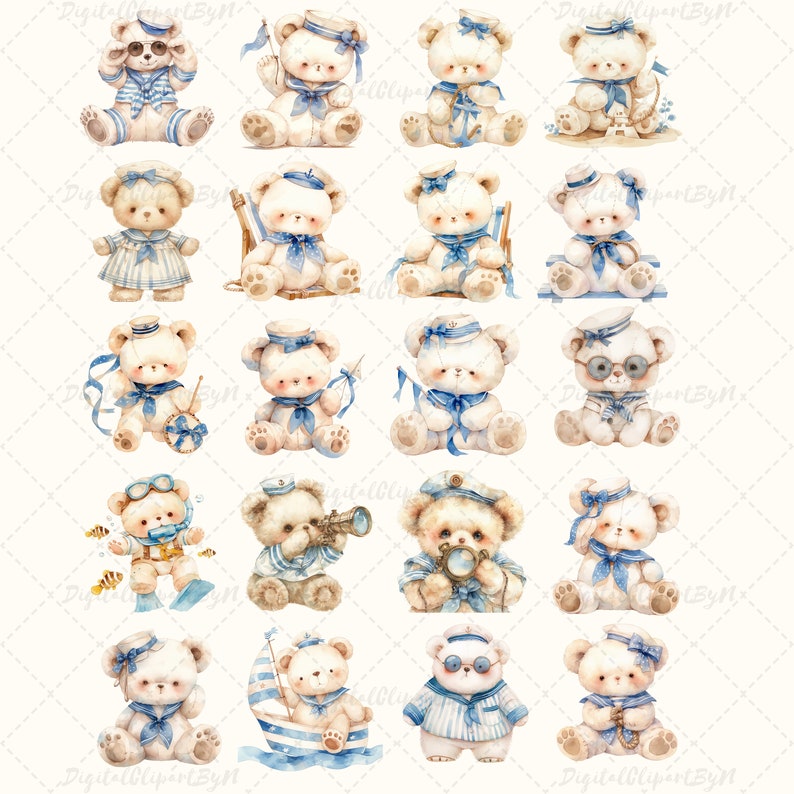 Watercolor Cute Polar Bear Clipart Bundle - Nautical Blue Sailor Outfit ...