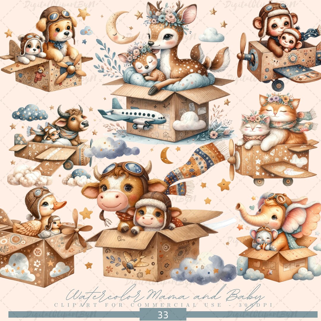 Watercolor Animal Clipart, Mama and Baby Animals, Mother's Day ...