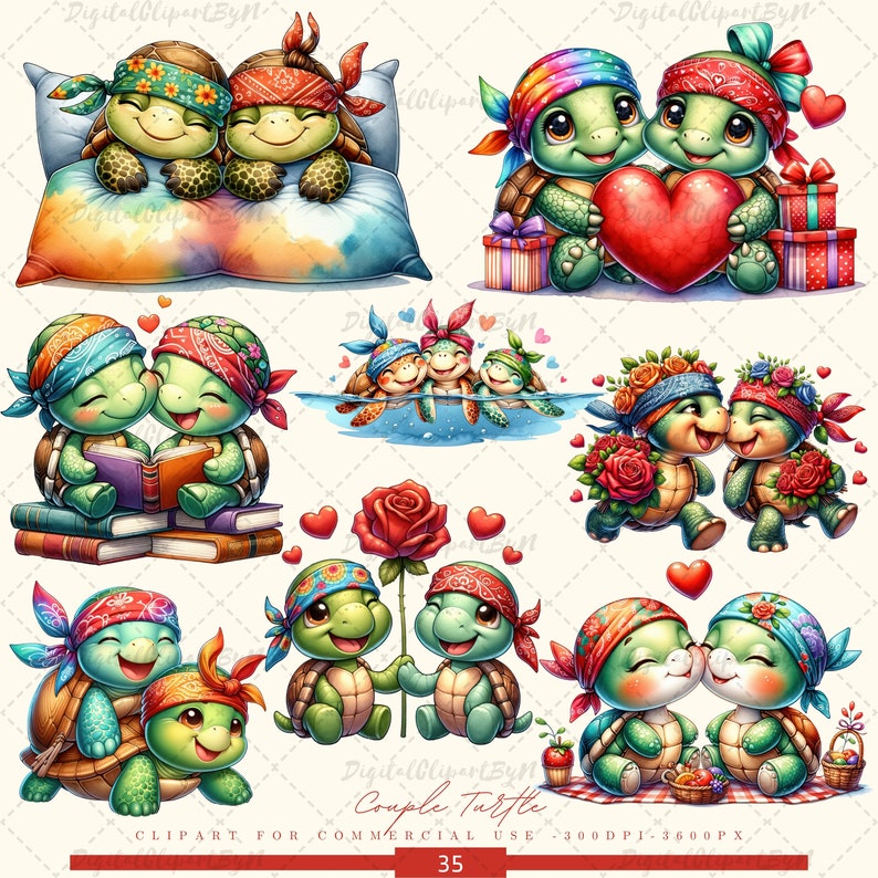 Turtle Love Clipart and Watercolor Turtles, Love Celebration Turtles ...