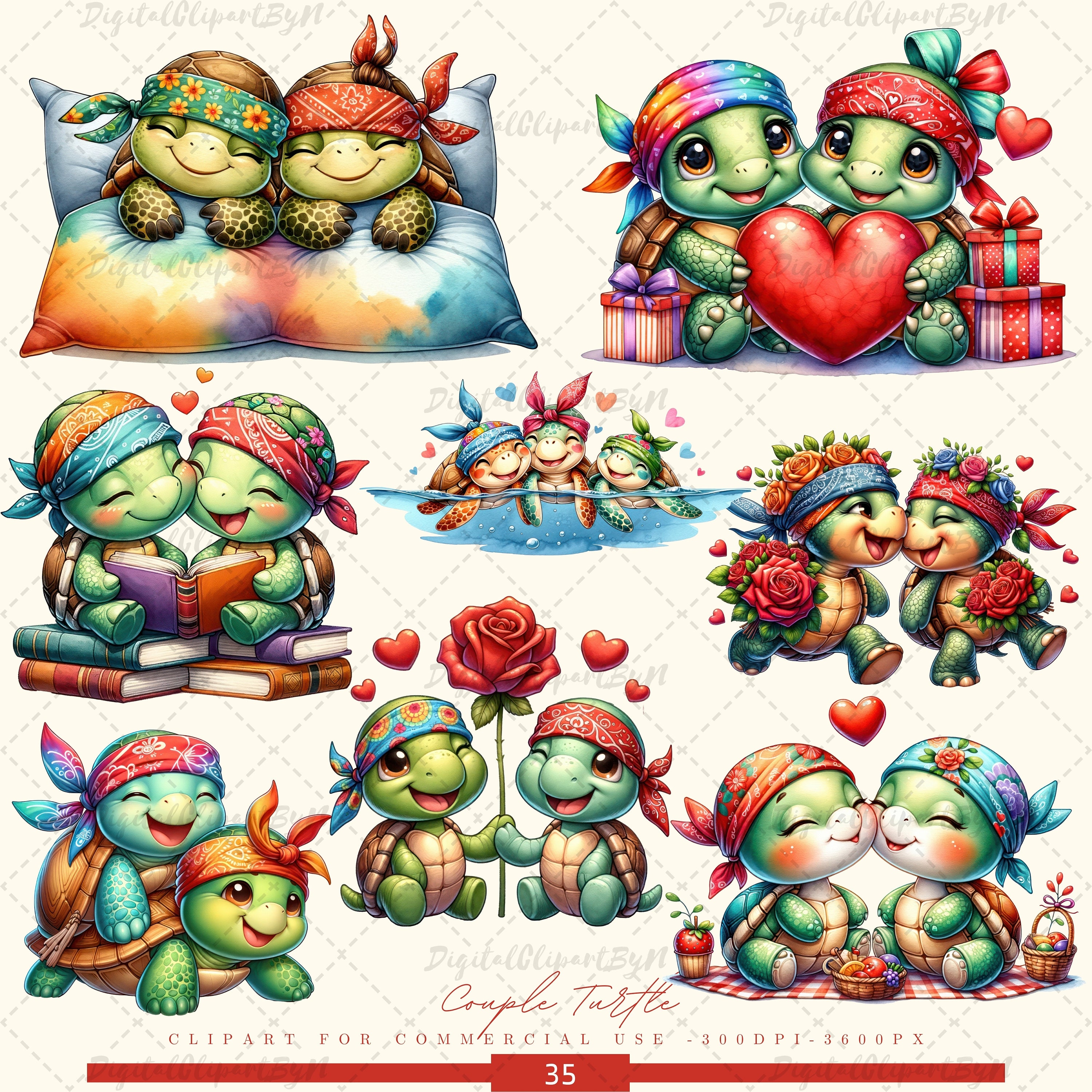 Turtle Love Clipart and Watercolor Turtles, Love Celebration Turtles ...