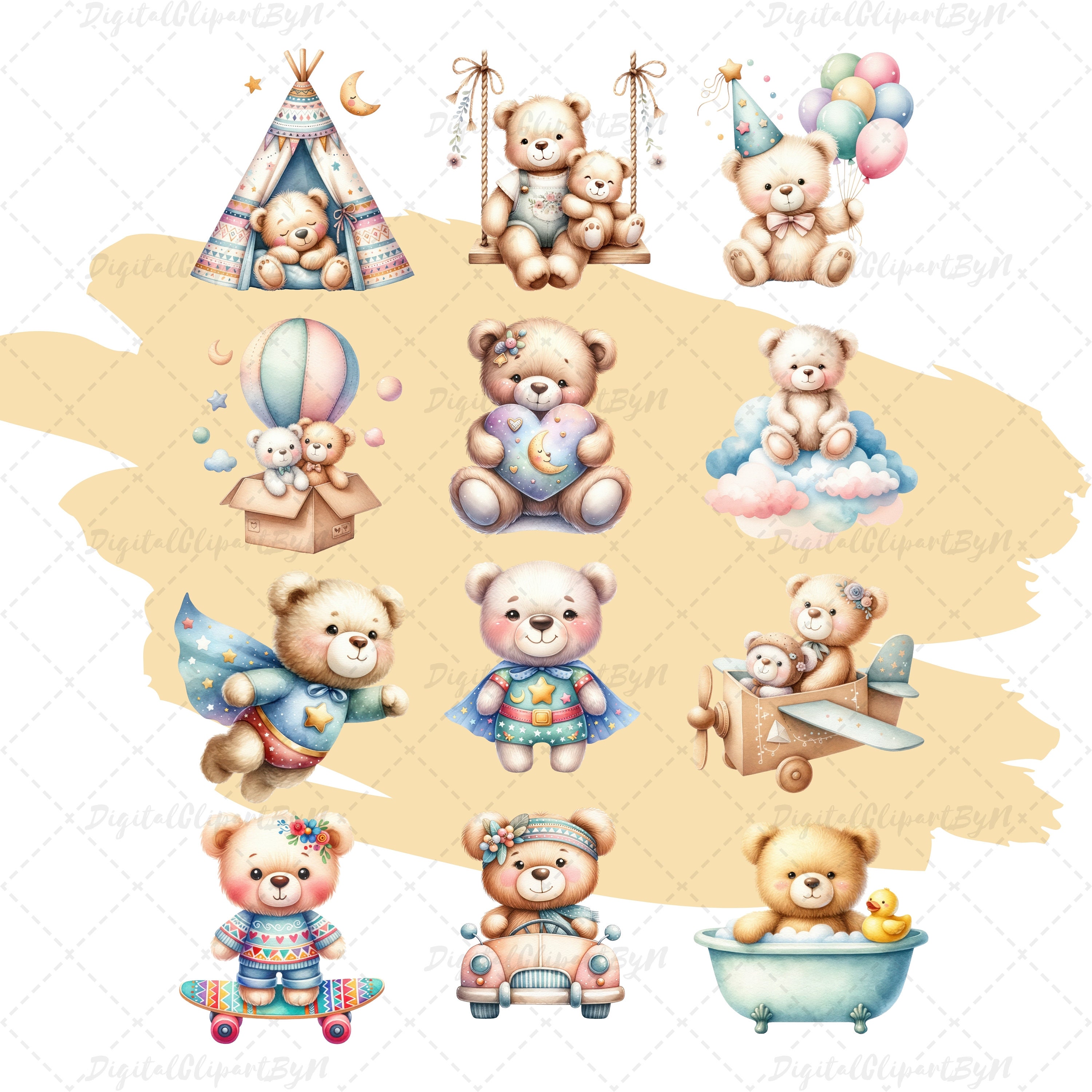 Baby Bear Watercolor Clipart, Baby Bear Nursery PNG, Whimsical Baby ...