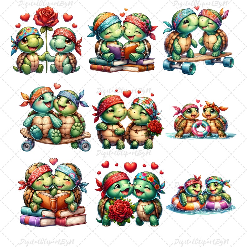 Turtle Love Clipart and Watercolor Turtles, Love Celebration Turtles ...