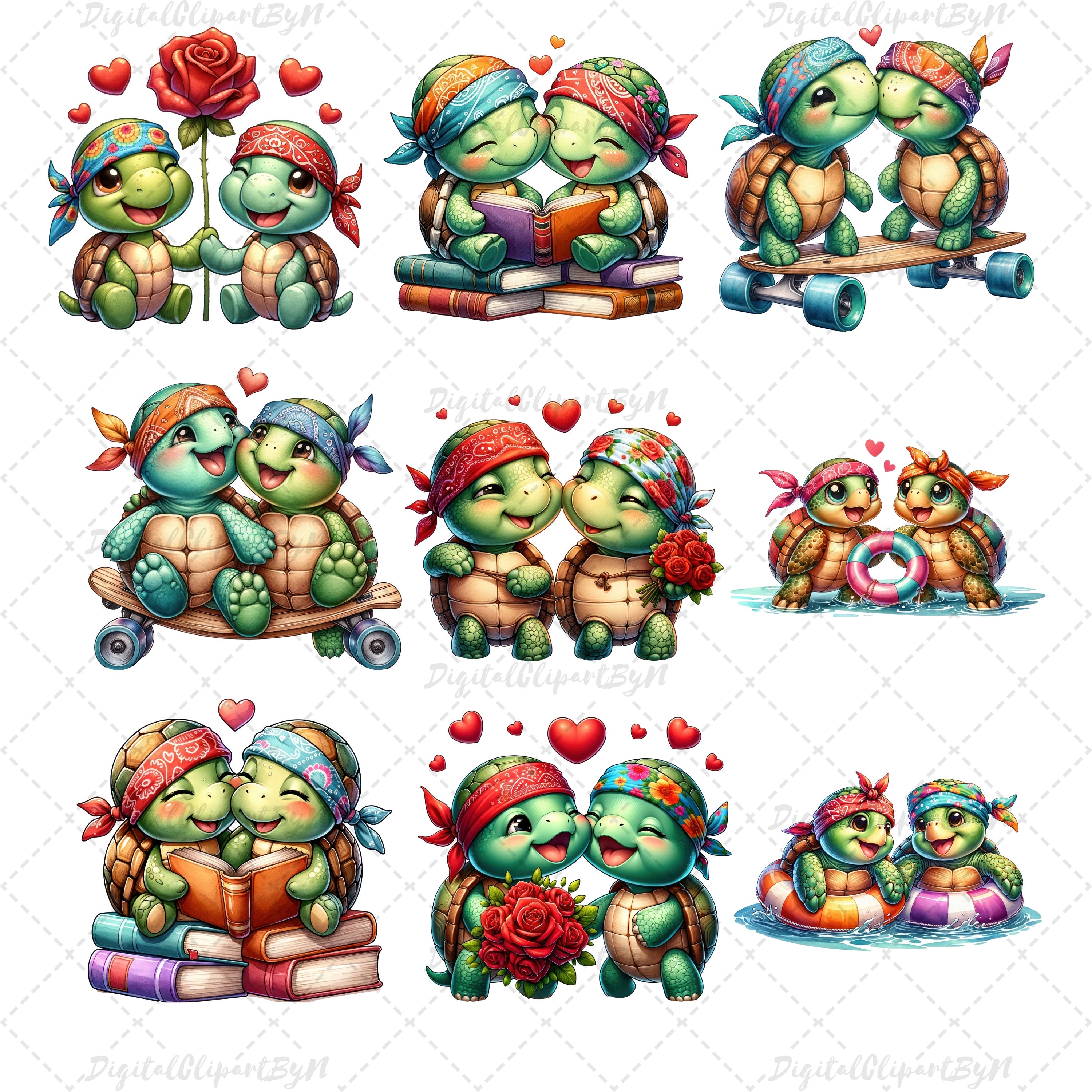 Turtle Love Clipart and Watercolor Turtles, Love Celebration Turtles ...