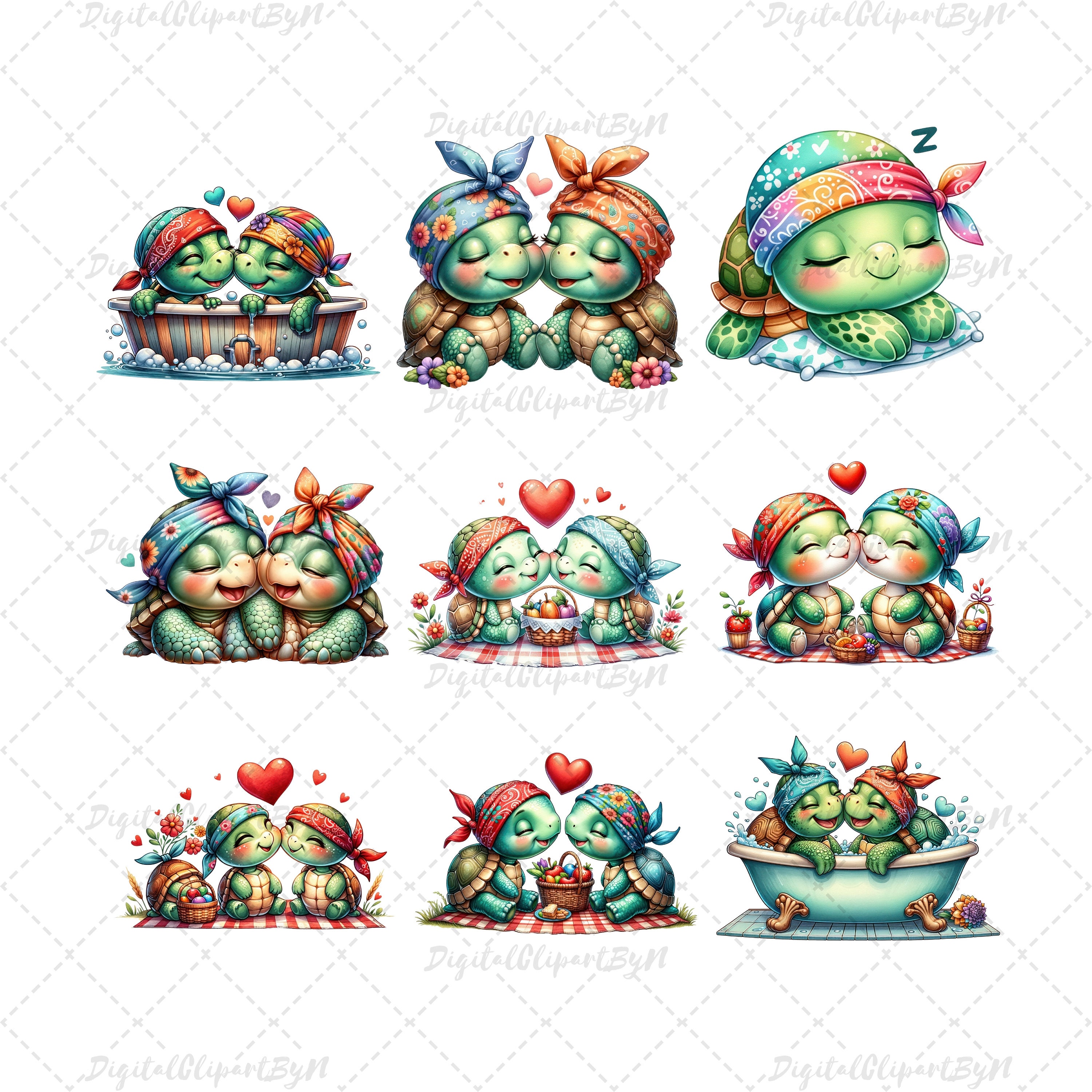Turtle Love Clipart and Watercolor Turtles, Love Celebration Turtles ...