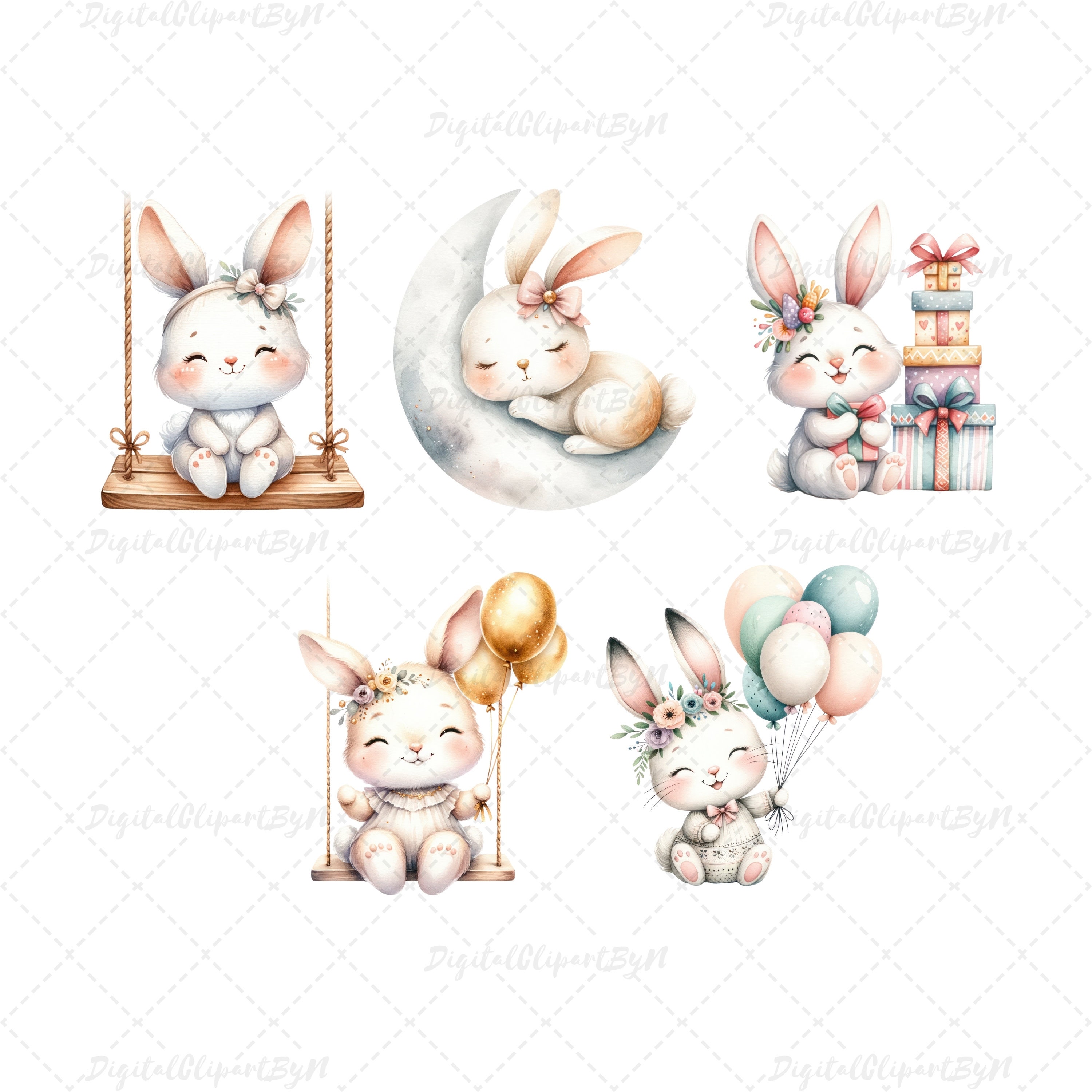 Baby Bunny Whimsical Clipart, Watercolor Rabbit PNG, Nursery Decor ...