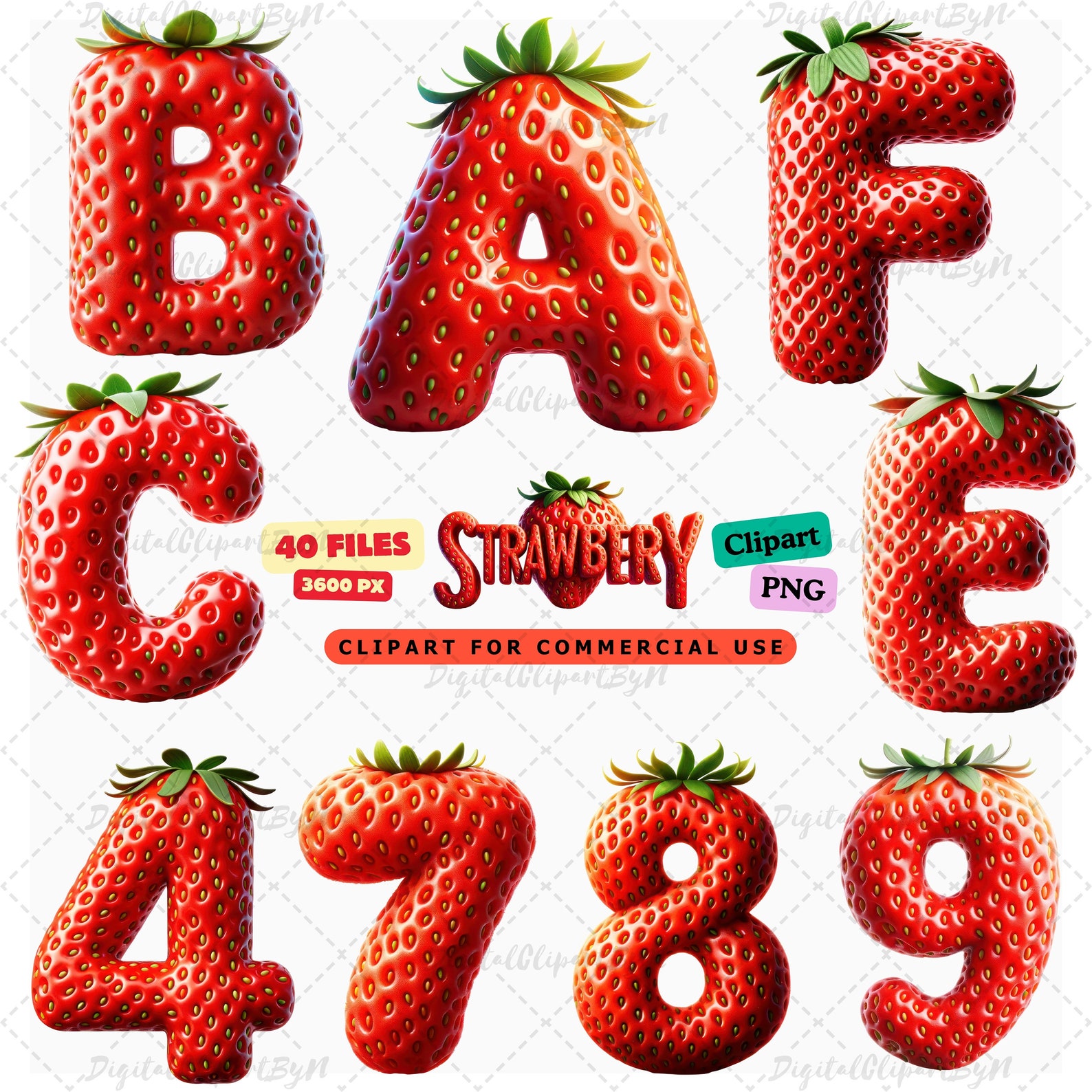 Strawberry Alphabet A-Z Number 0-9 Bundle Clipart , Fruit Alphabet ...