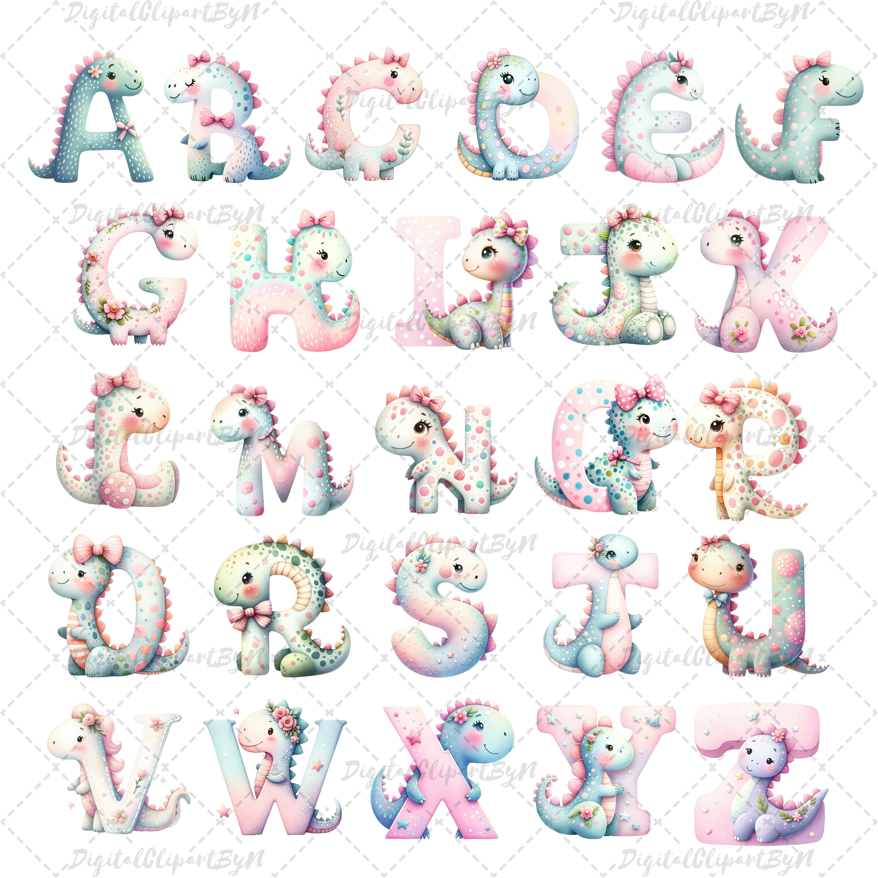 Girly Dinosaurs Alphabet A-Z Number 0-9 ,dino Letter, Educational ...