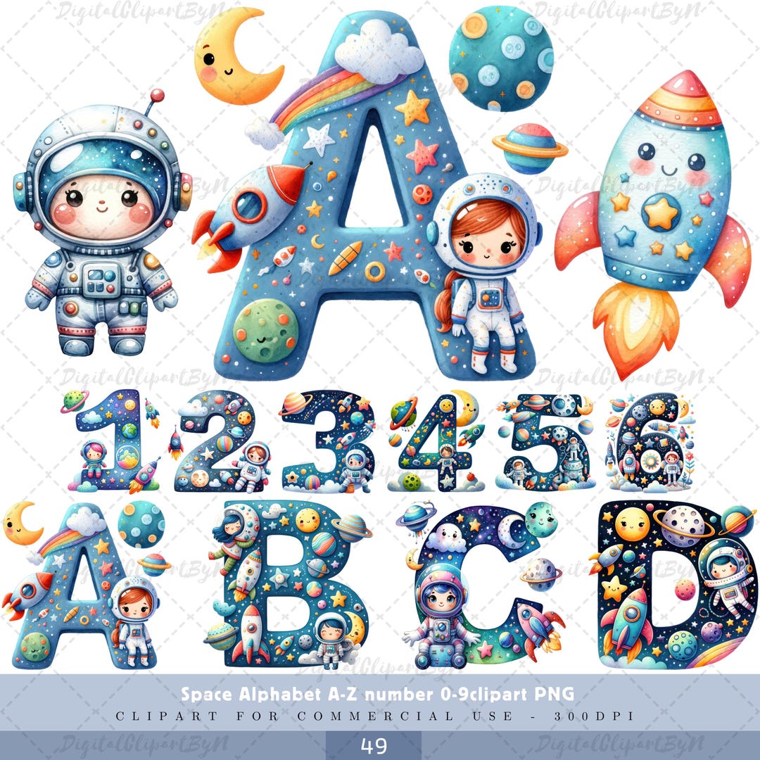 Watercolor Space Alphabet A-Z Number 0-9 Bundle, Space Alphabet Clipart ...