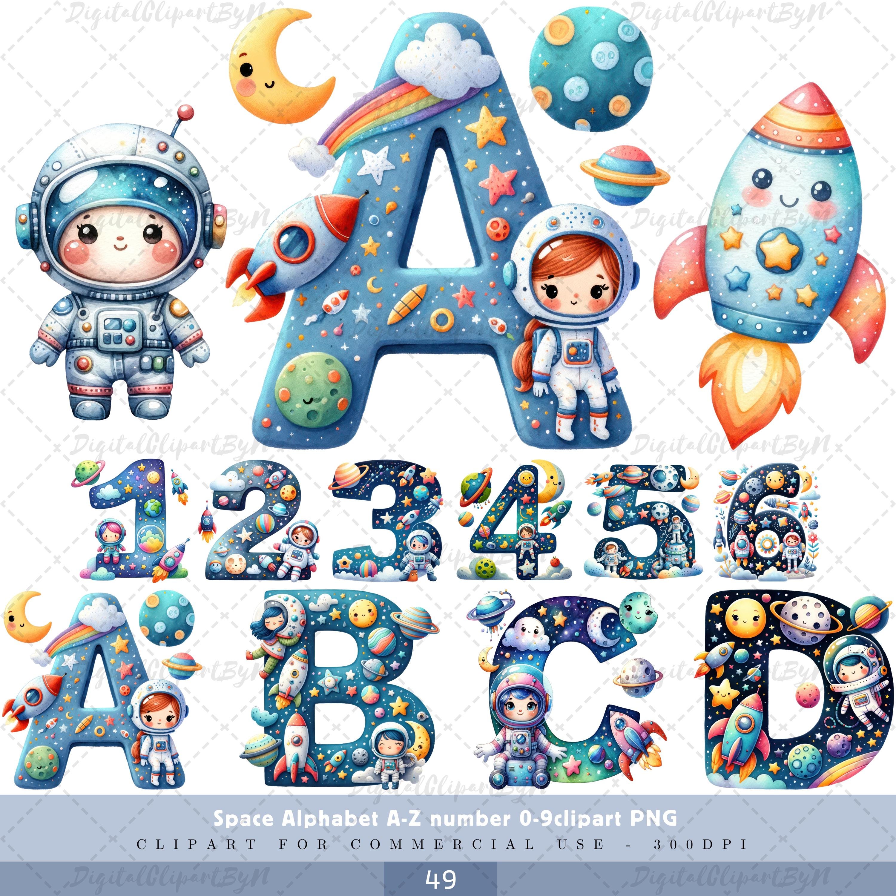 Watercolor Space Alphabet A-Z Number 0-9 Bundle, Space Alphabet Clipart ...