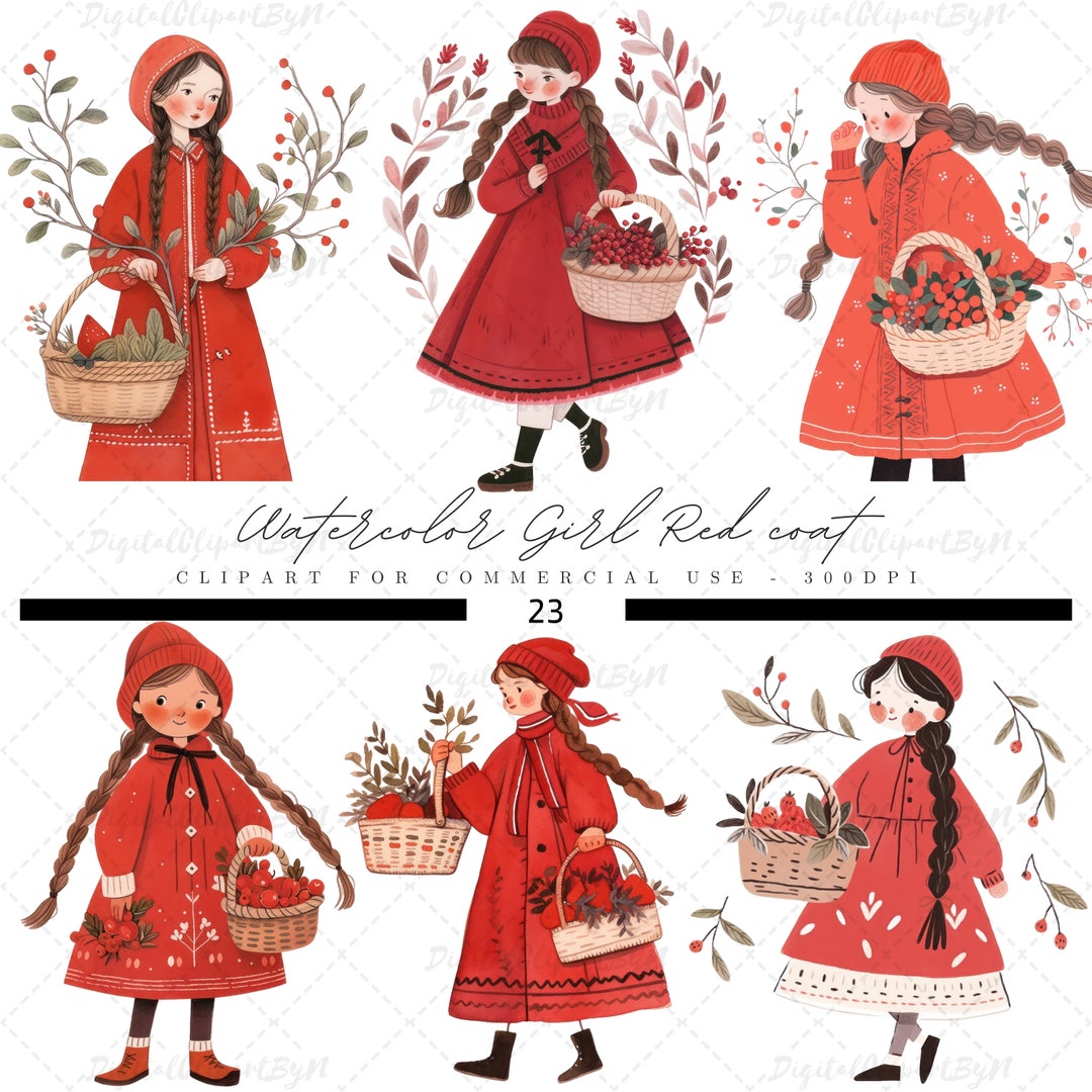 Watercolor Girl Red Coat Carrying a Basket of Berries Clipart, Perfect ...