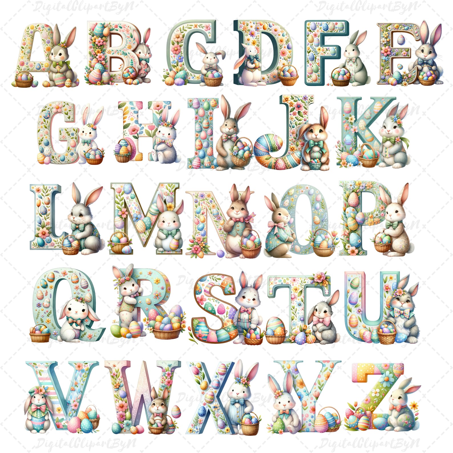 Easter Bunny Alphabet A-Z Number 0-9 Bundle Clipart, Printable Alphabet ...