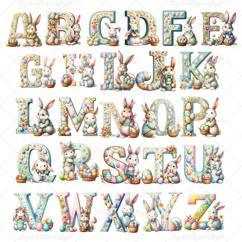 Easter Bunny Alphabet A-Z Number 0-9 Bundle Clipart, Printable Alphabet ...