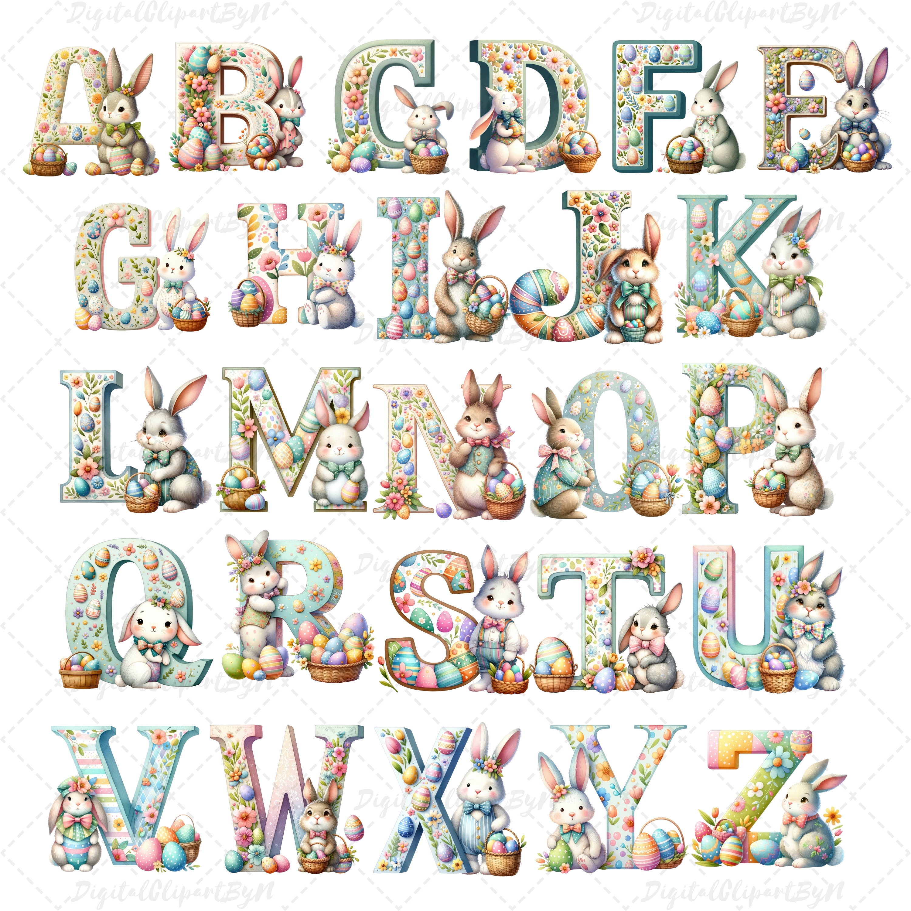 Easter Bunny Alphabet A-Z Number 0-9 Bundle Clipart, Printable Alphabet ...