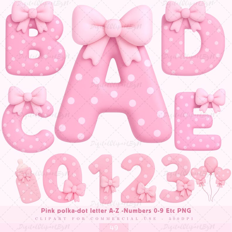 Pink Letter A-Z Clipart With Bow – Cute Polka Dot Alphabet Number 0-9 ...
