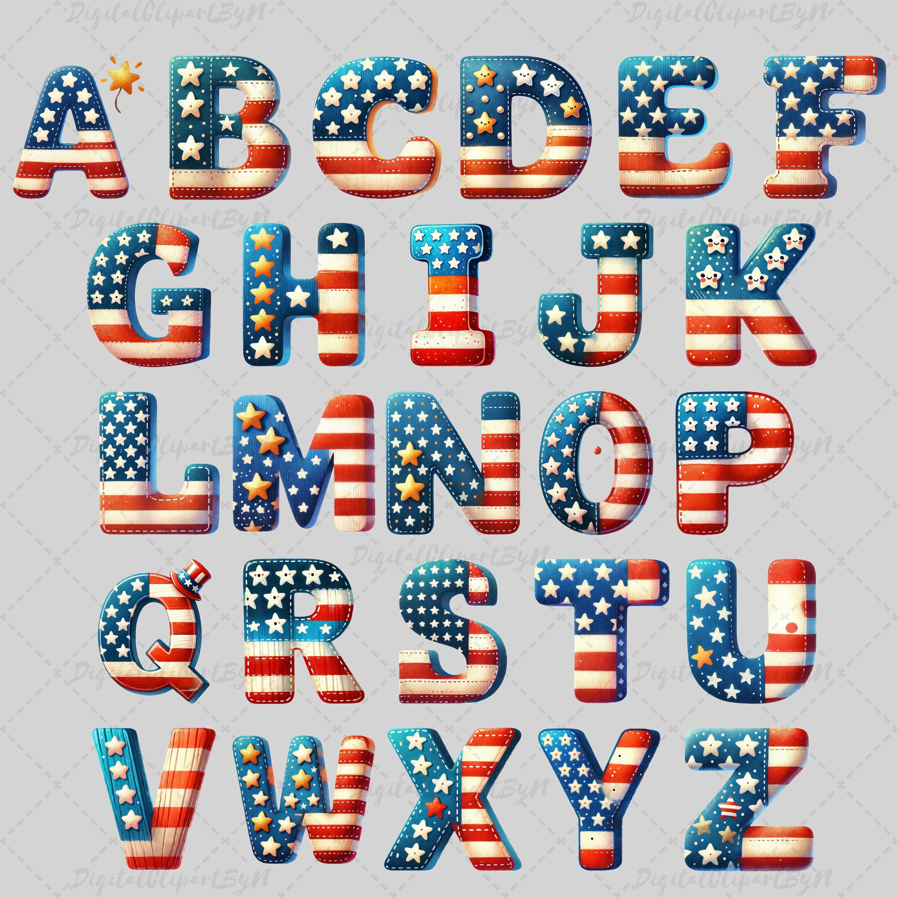 American 4th of July Clipart Alphabet A-Z Number 0-9 Bundle ...