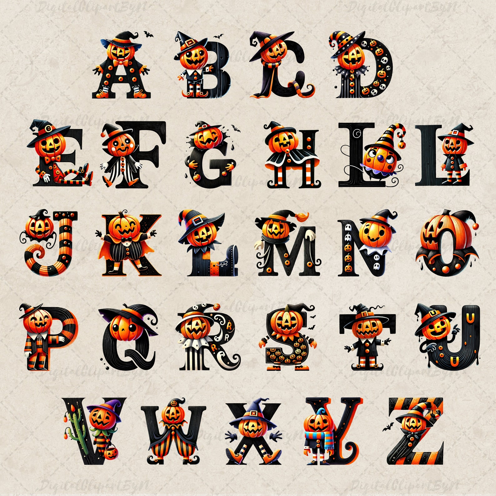 Halloween Animals Characters Clipart Alphabet A-Z Number 0-9 Bundle L ...