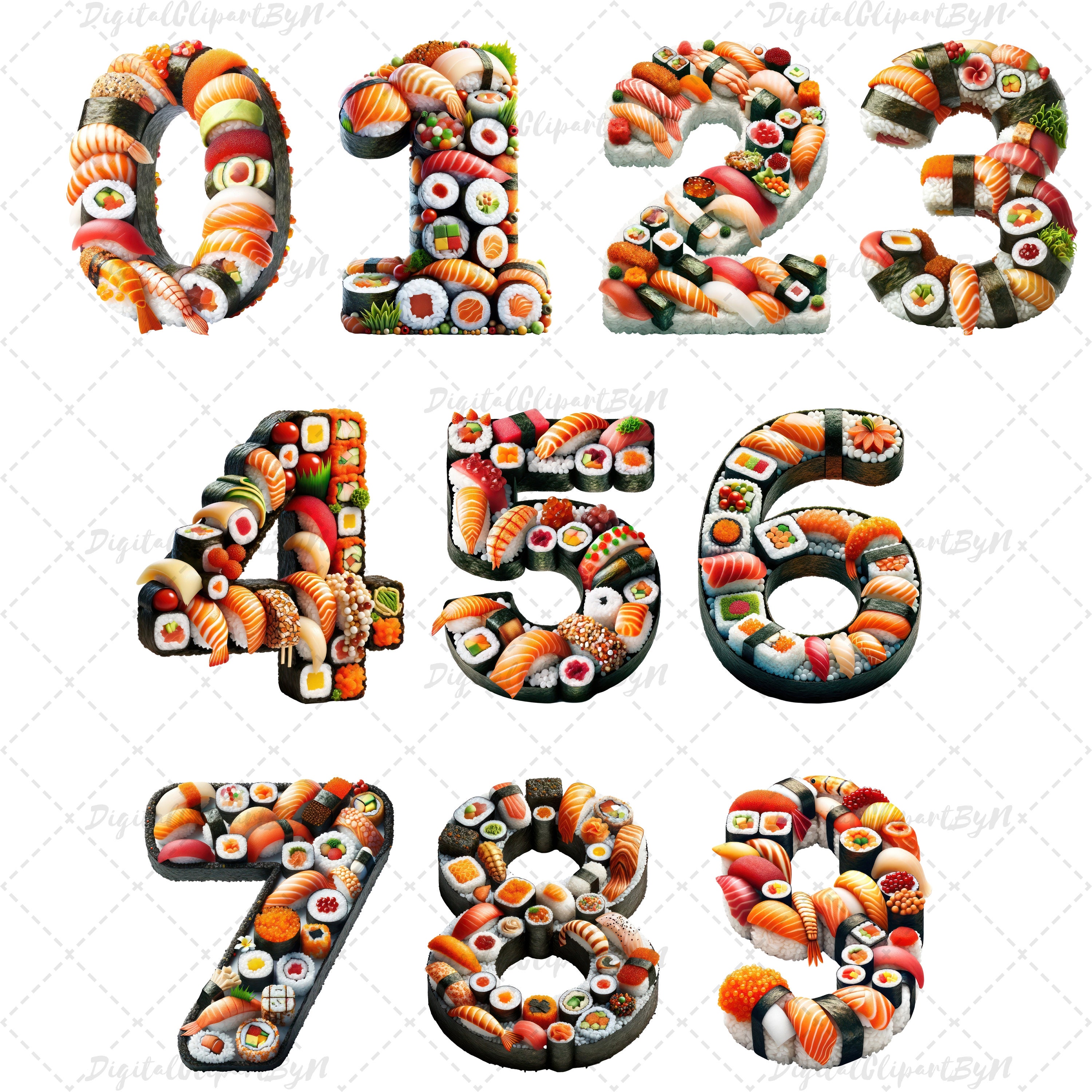 SUSHI Food Alphabet A-Z Number 0-9 Bundle Clipart , SUSHI Alphabet ...