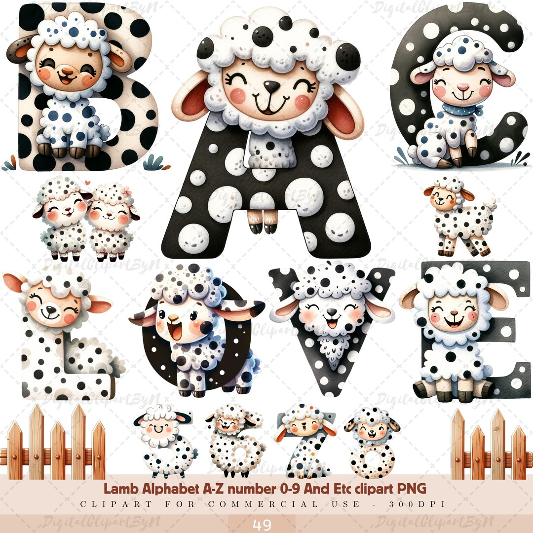 Watercolor Spotted Lamb Alphabet A-Z Number 0-9 Bundle, Spotted Sharp ...