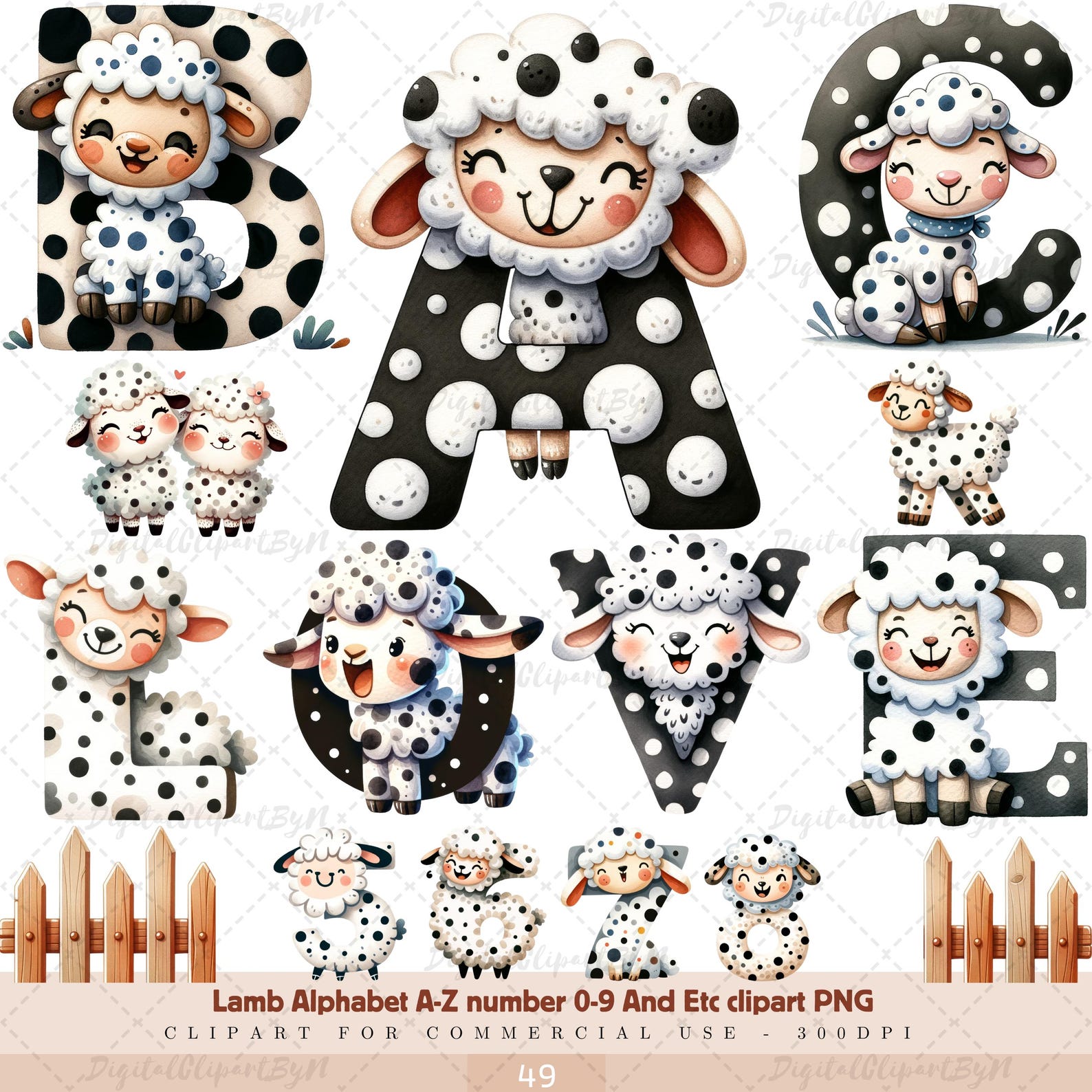 Watercolor Spotted Lamb Alphabet A-Z Number 0-9 Bundle, Spotted Sharp ...