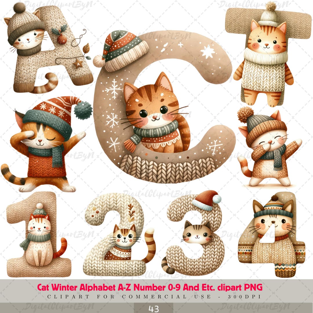 Cute Cat Winter Alphabet A-Z Number 0-9 Bundle, Christmas Cat PNG ...