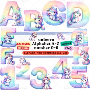 Cute Unicorn Alphabet A-Z Number 0-9 Bundle, Unicorn Alphabet Clipart ...