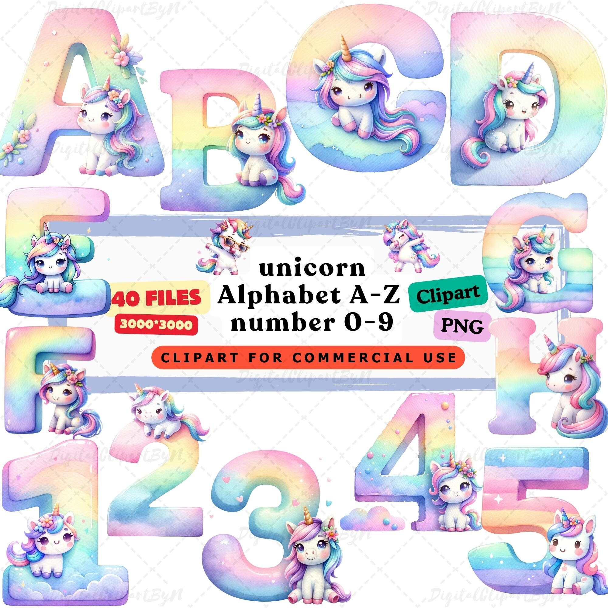 Cute Unicorn Alphabet A-Z Number 0-9 Bundle, Unicorn Alphabet Clipart ...