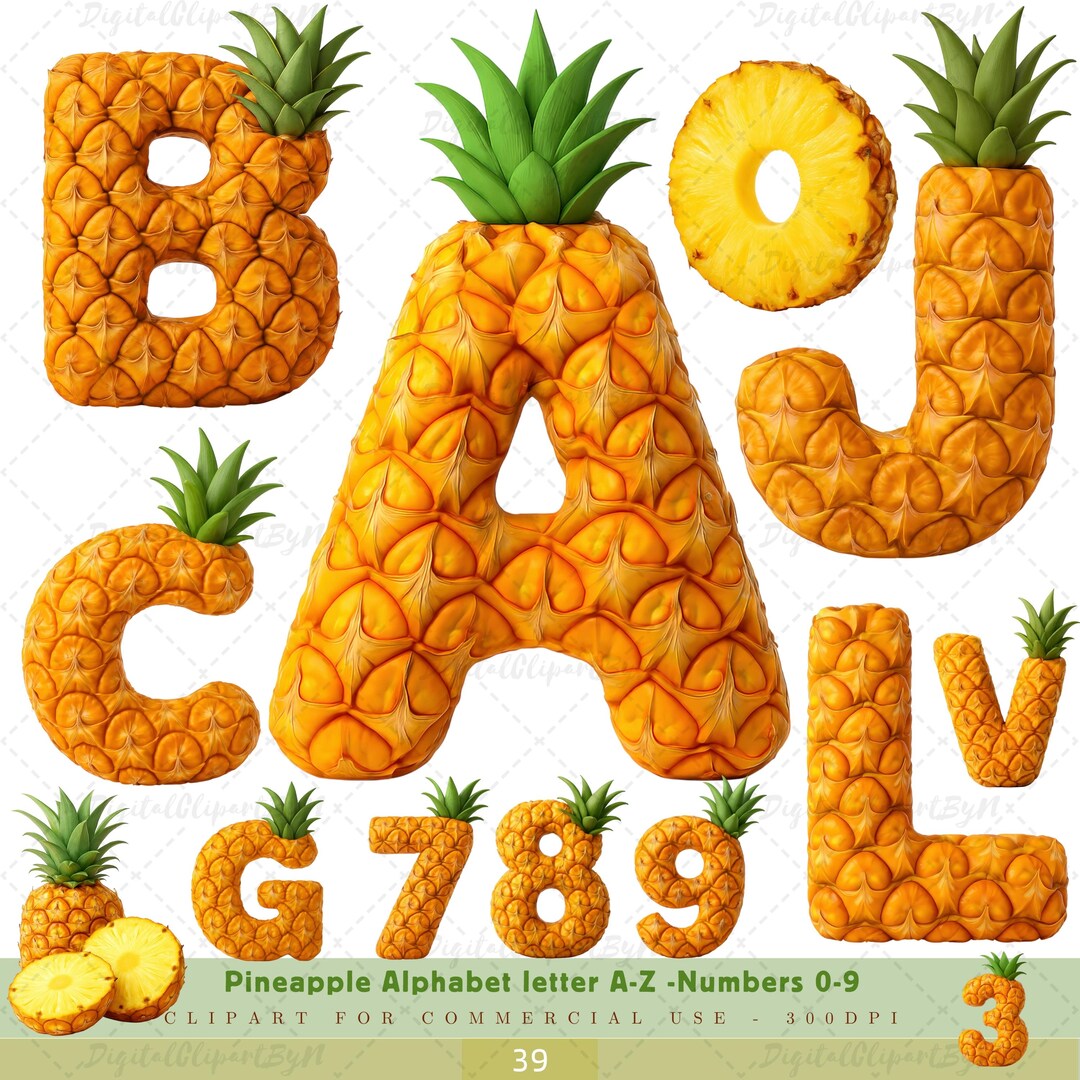Pineapple Alphabet Clipart PNG – Tropical Fruit Letters & Numbers A-Z 0 ...