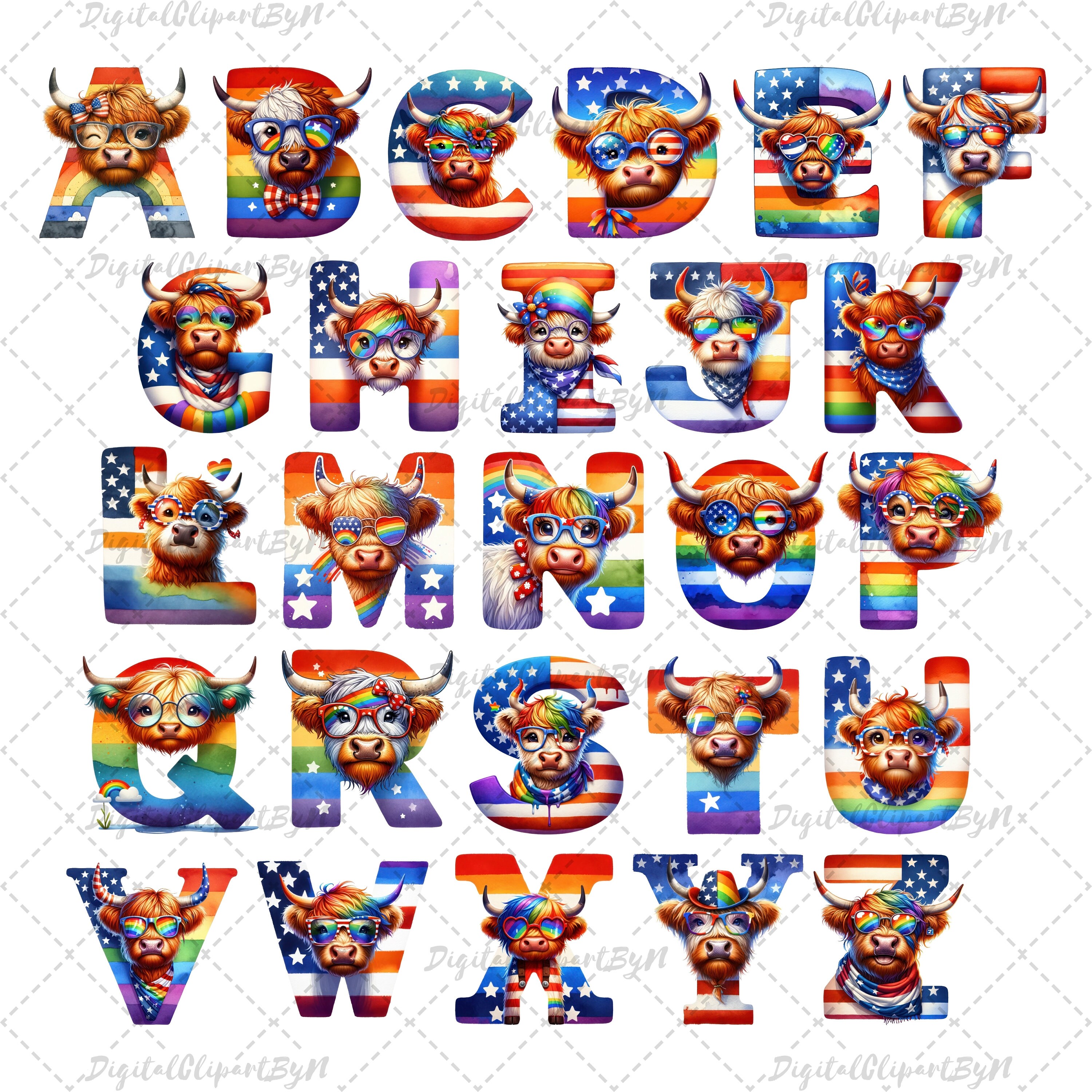US Independence Day, LGBTQ+ Pride Flag, Highland Cow Alphabet A-Z ...