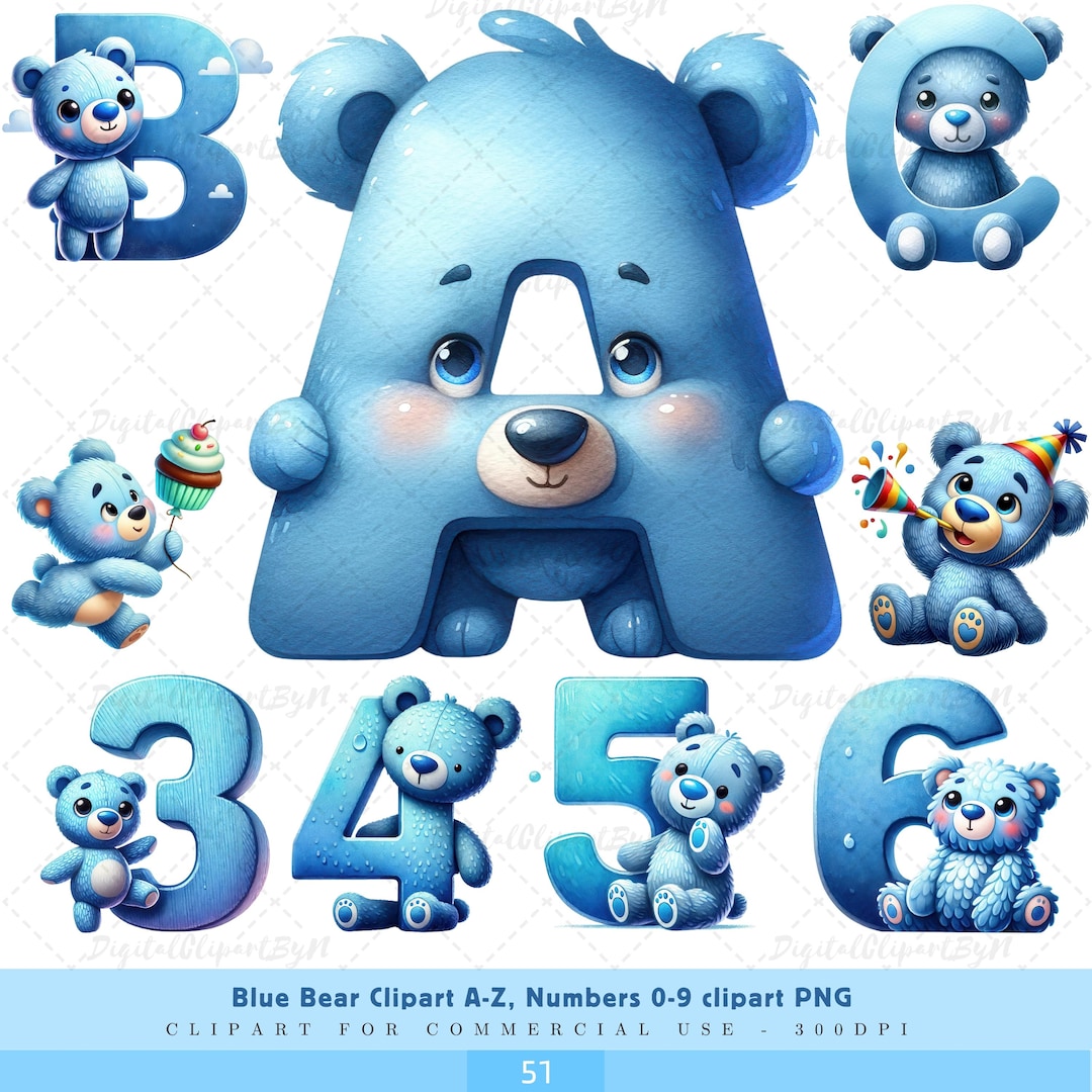 Alphabet Blue Bear Shower Clipart, Cute Baby Boy Letters A-Z, Perfect ...
