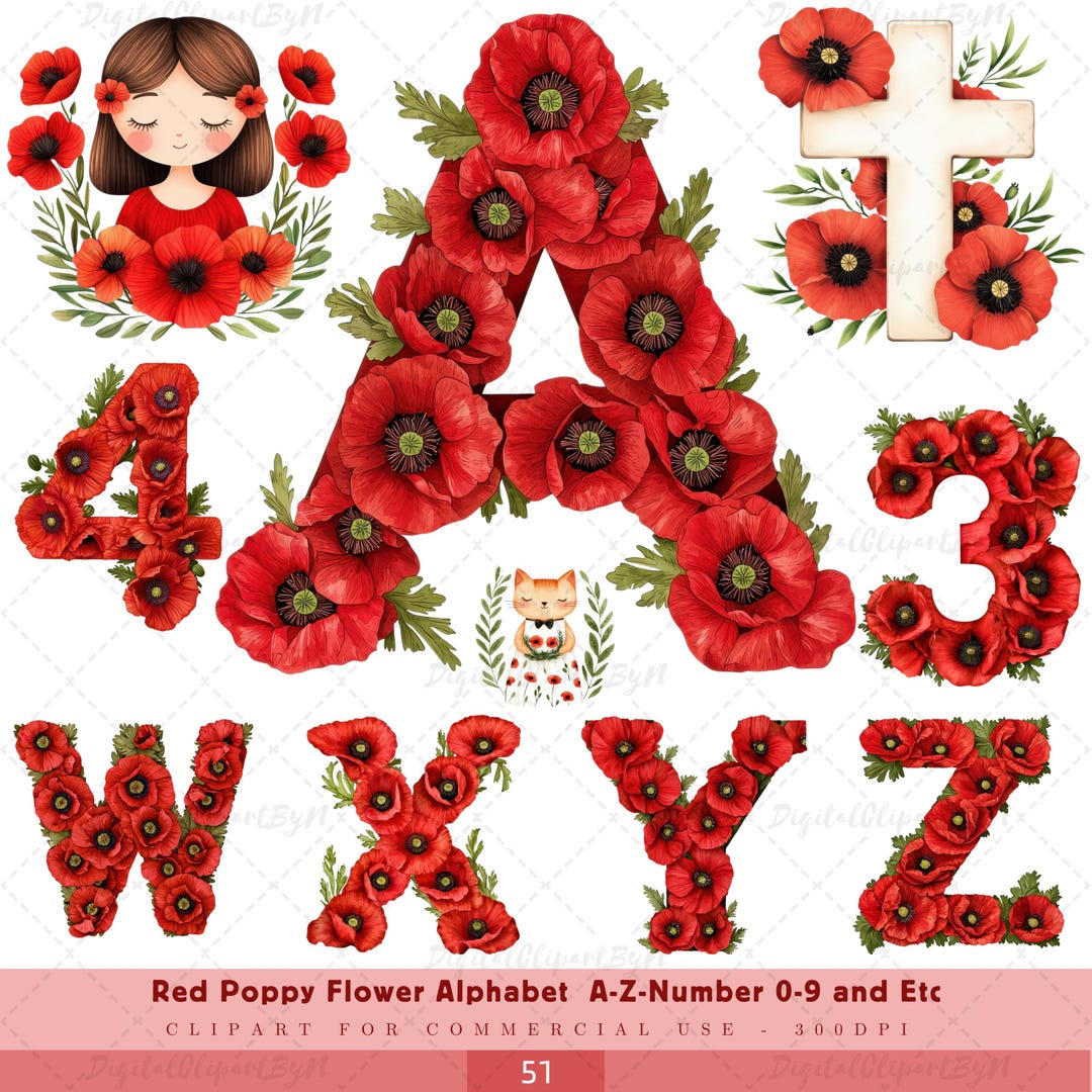 Red Poppy Flower Alphabet & Numbers Clipart – Watercolor Floral Letters ...