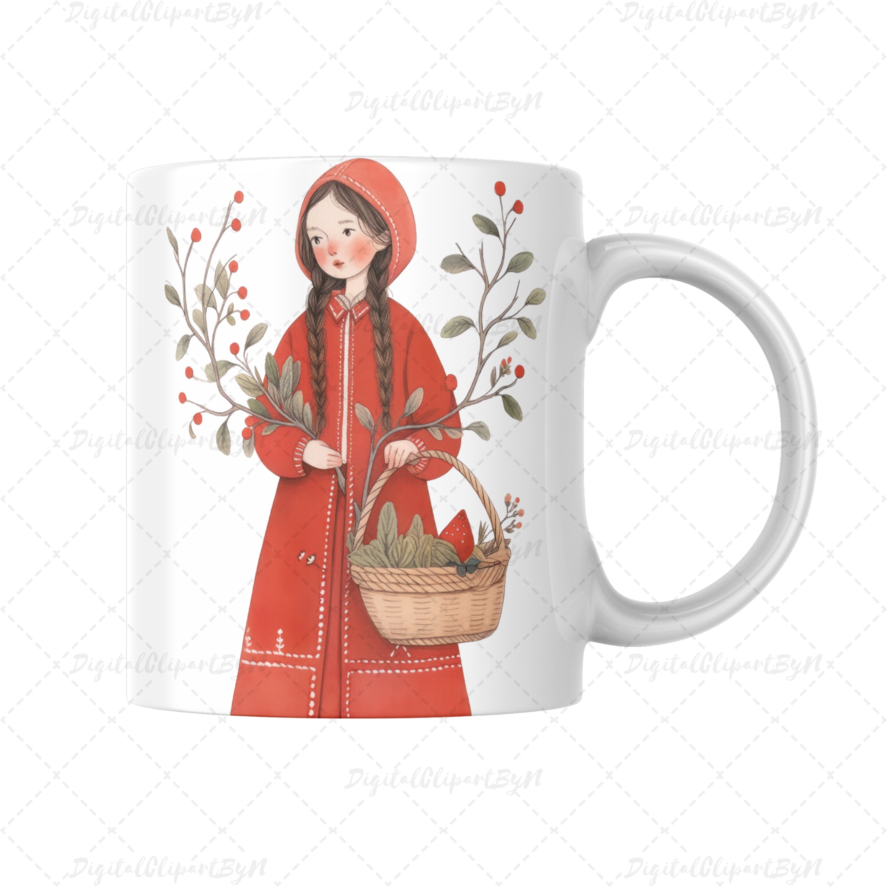 Watercolor Girl Red Coat Carrying a Basket of Berries Clipart, Perfect ...