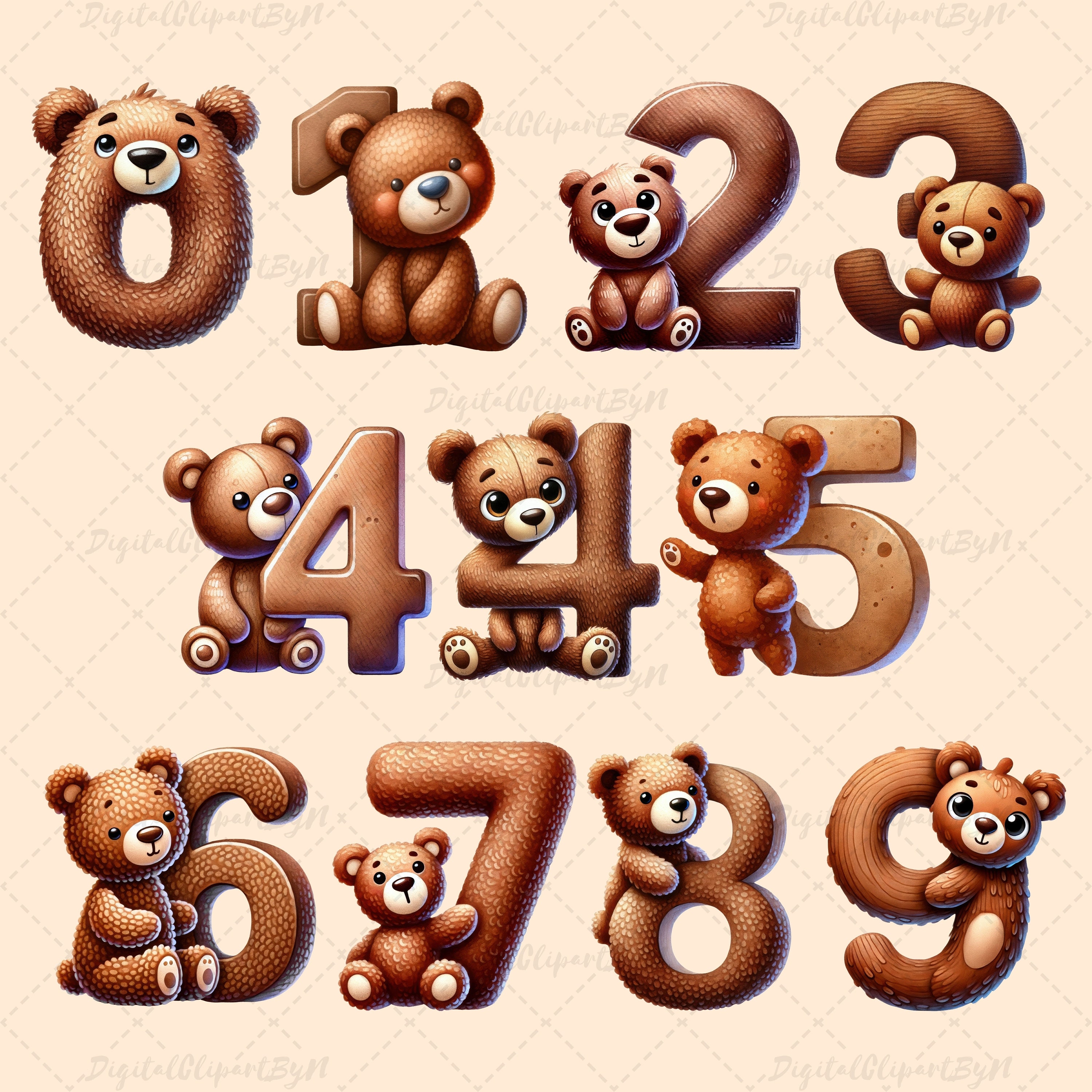 Brown Bear Clipart A-Z, Numbers 0-9, Cute Animal Alphabet Bundle , Bear ...