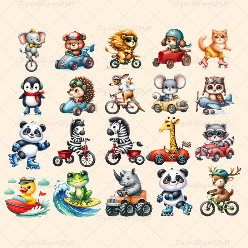 Cute Animal Racer Clipart Bundle | Kids Party Decor | Nursery Wall Art ...