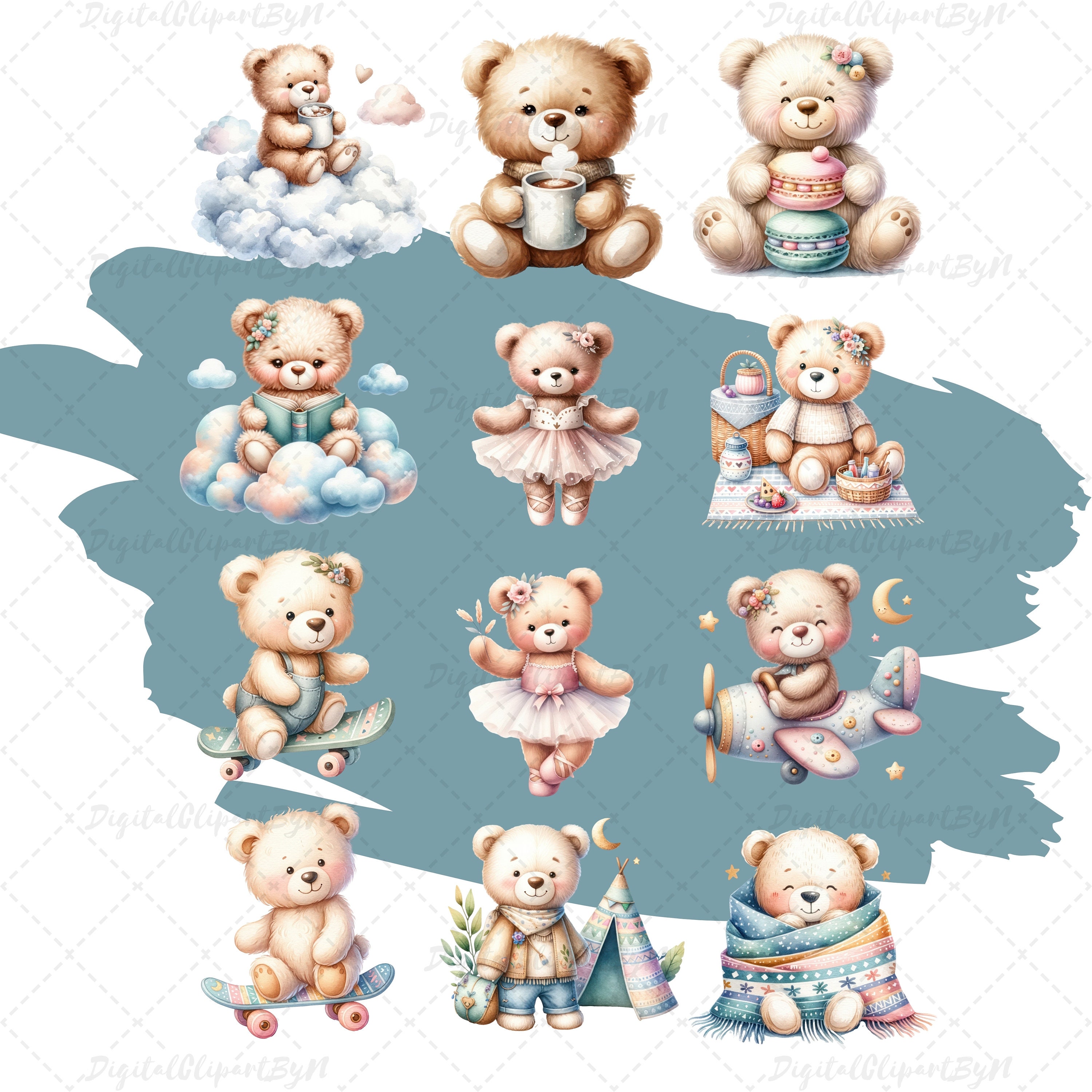 Baby Bear Watercolor Clipart, Baby Bear Nursery PNG, Whimsical Baby ...