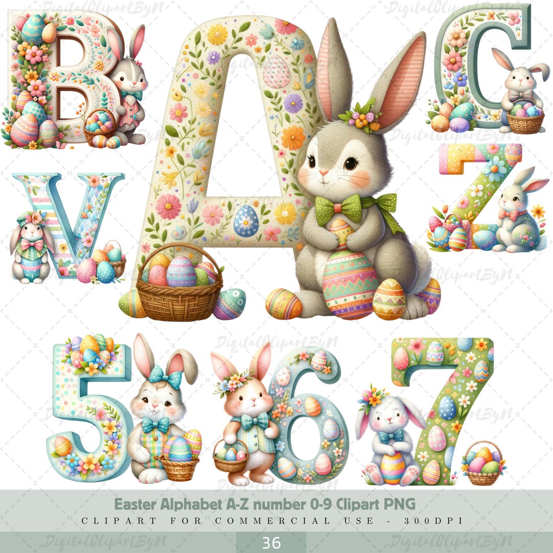 Easter Bunny Alphabet A-Z Number 0-9 Bundle Clipart, Printable Alphabet ...