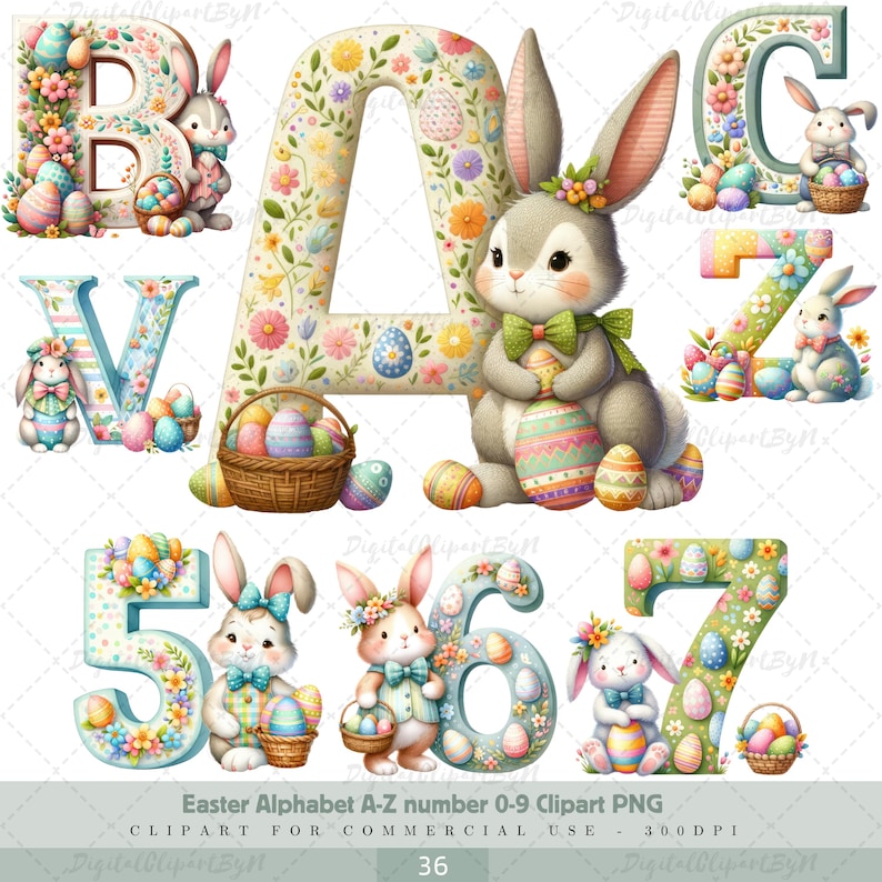 Easter Bunny Alphabet A-Z Number 0-9 Bundle Clipart, Printable Alphabet ...