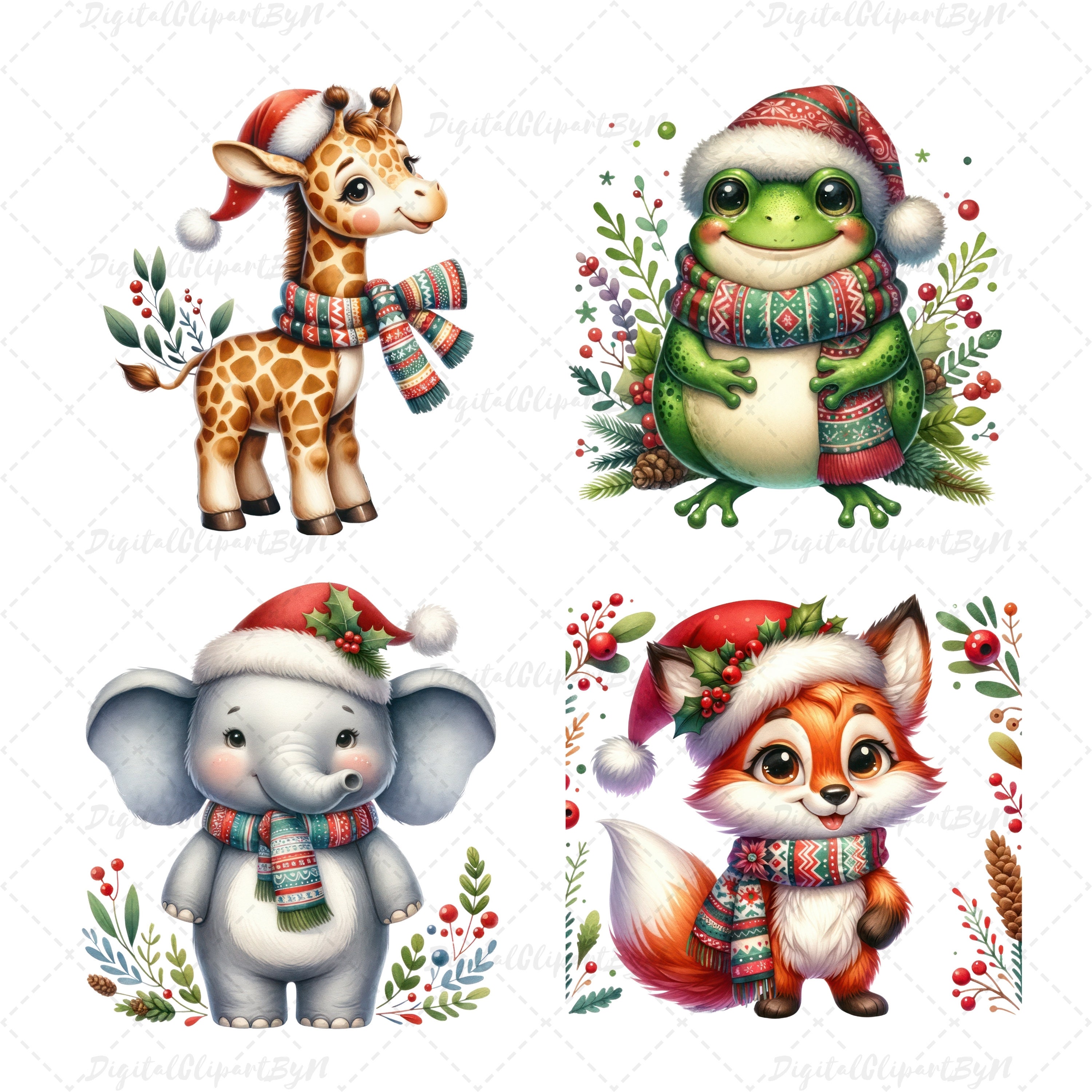 Christmas Animal Clipart Set ,festive Watercolor Cute Animals With ...