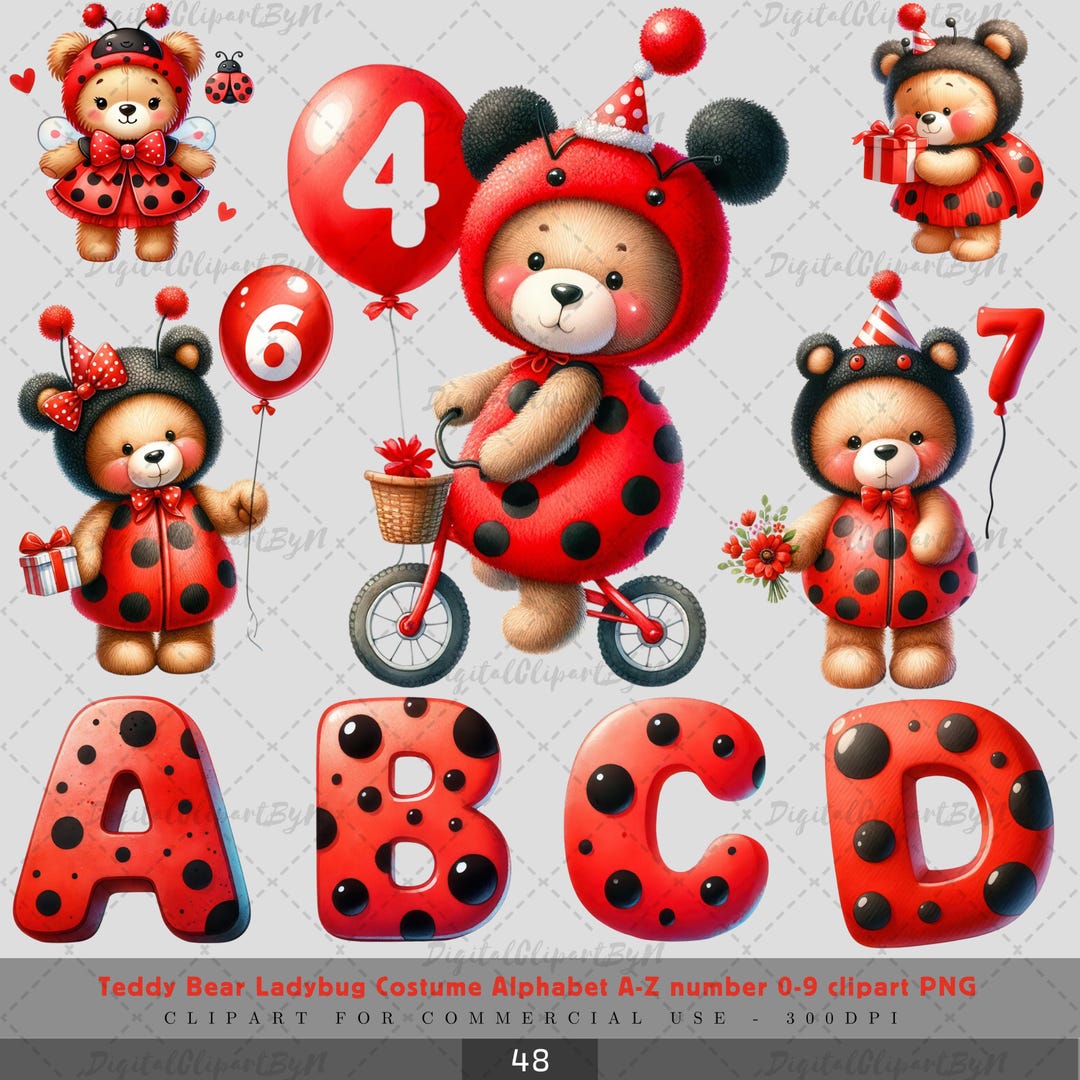 Adorable Teddy Bears Dressed in Charming Ladybug Costumes Letters A-Z ...