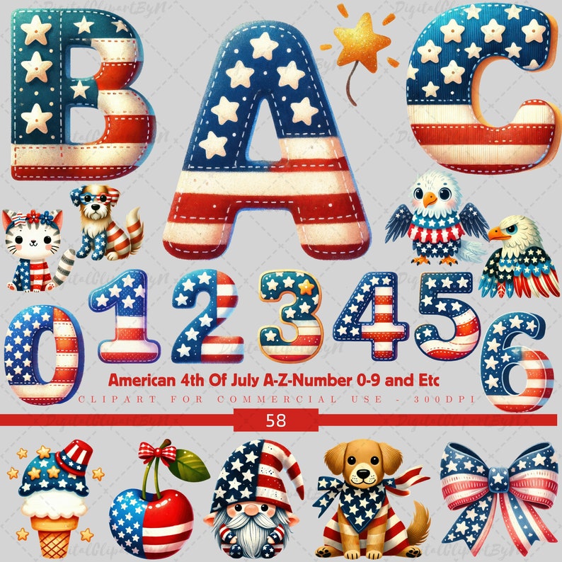 American 4th of July Clipart Alphabet A-Z Number 0-9 Bundle ...