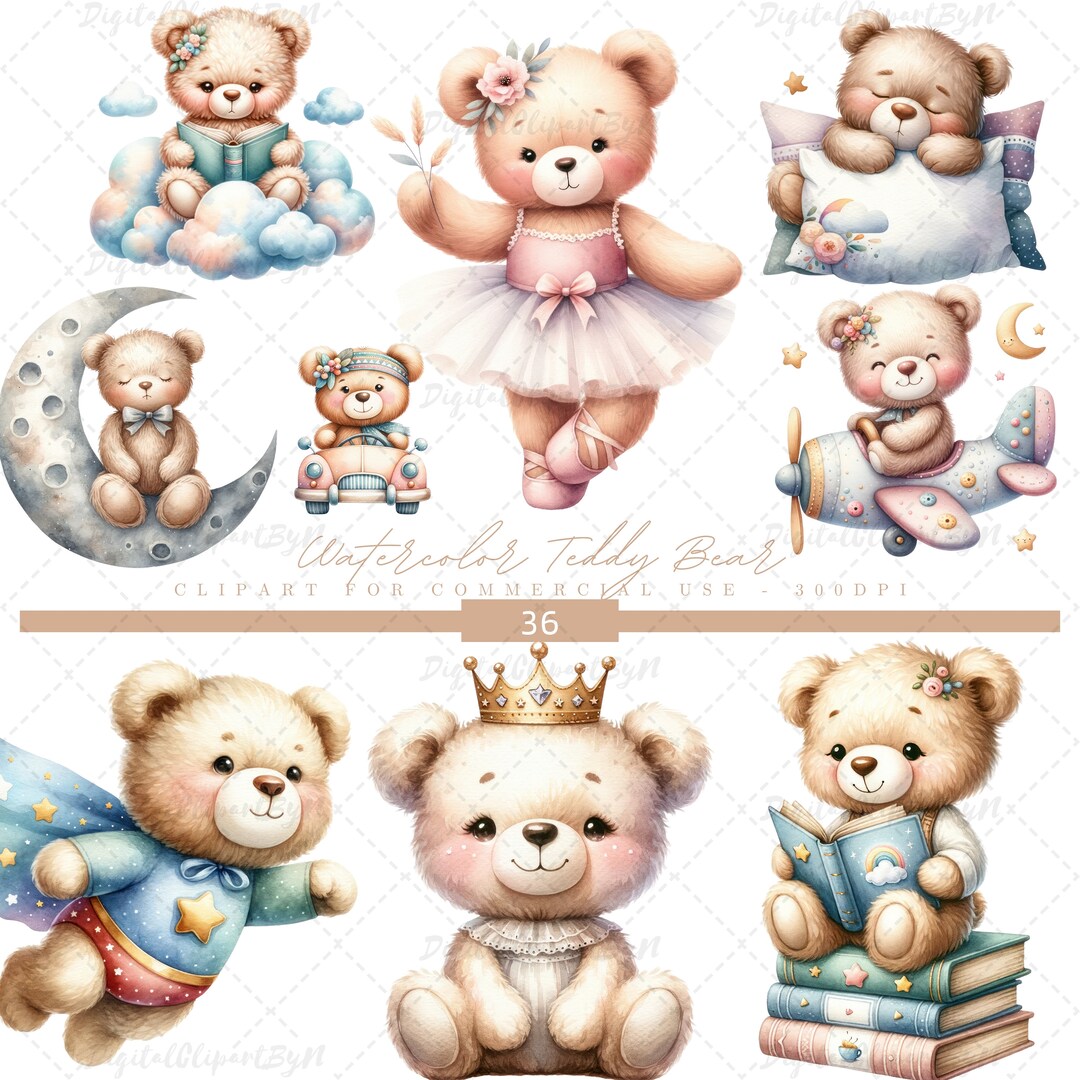 Baby Bear Watercolor Clipart, Baby Bear Nursery PNG, Whimsical Baby ...