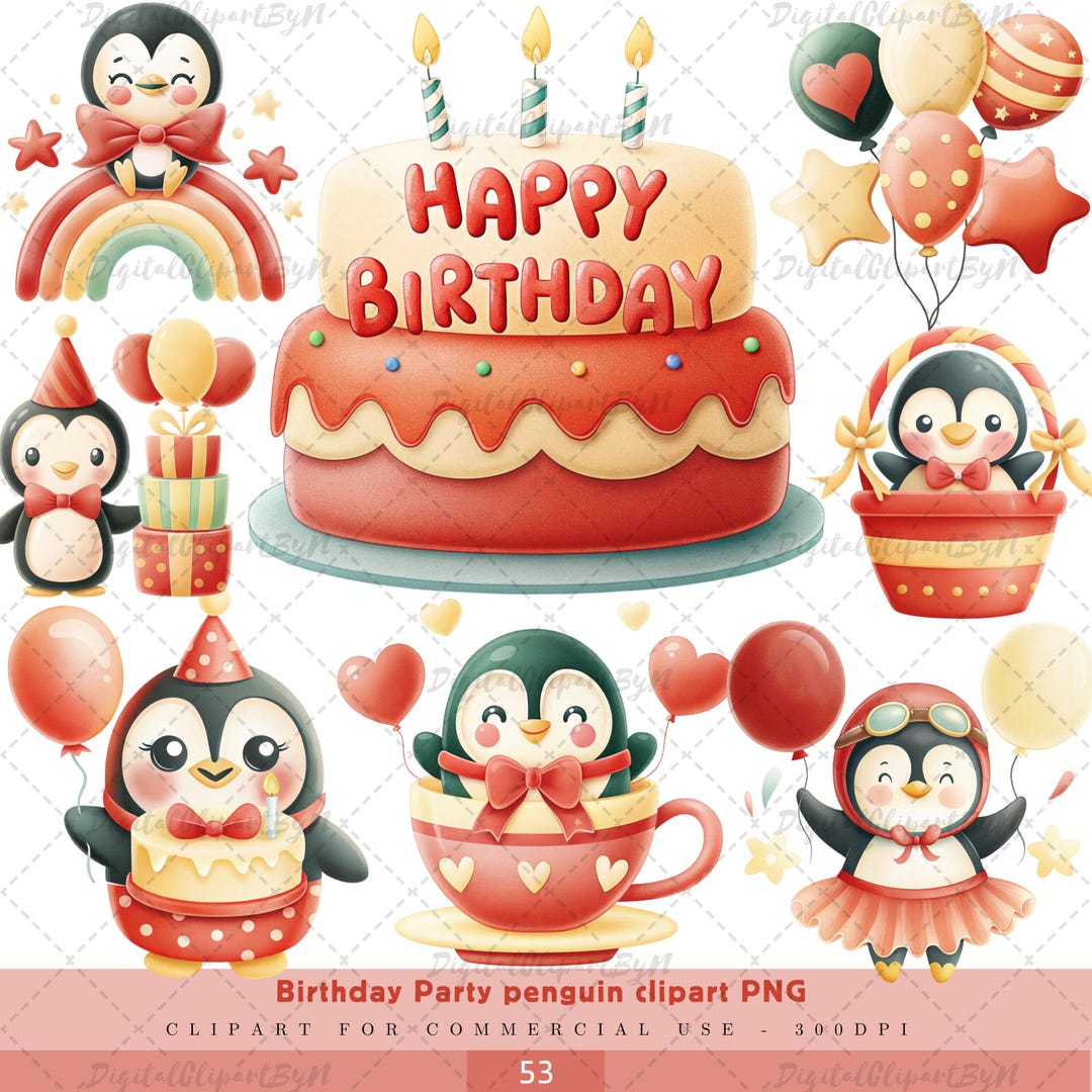 Penguin Birthday Party Clipart | Vintage Watercolor Penguin Party PNG ...