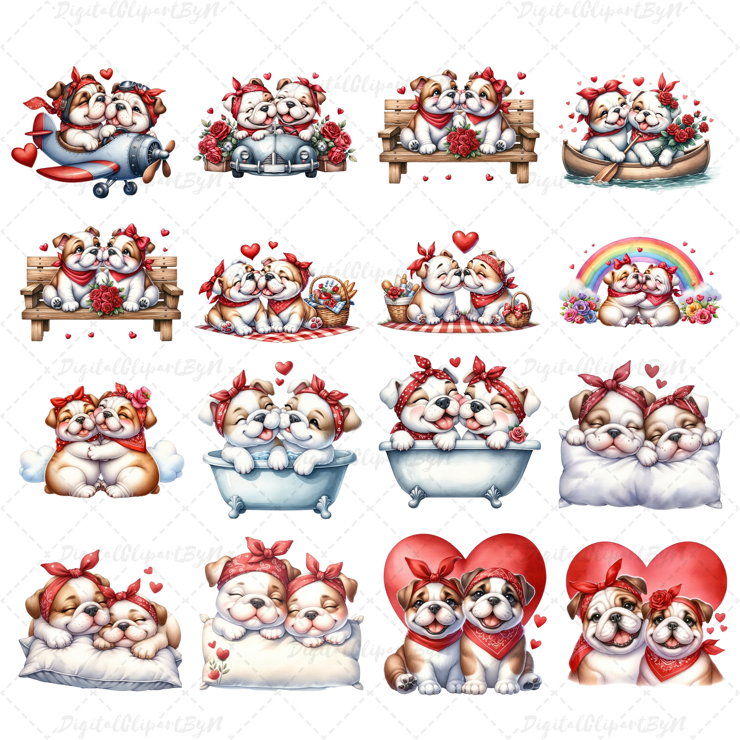 Couple Animal Bundle ,bulldog Romantic Dog Clipart, Valentine Pets ...