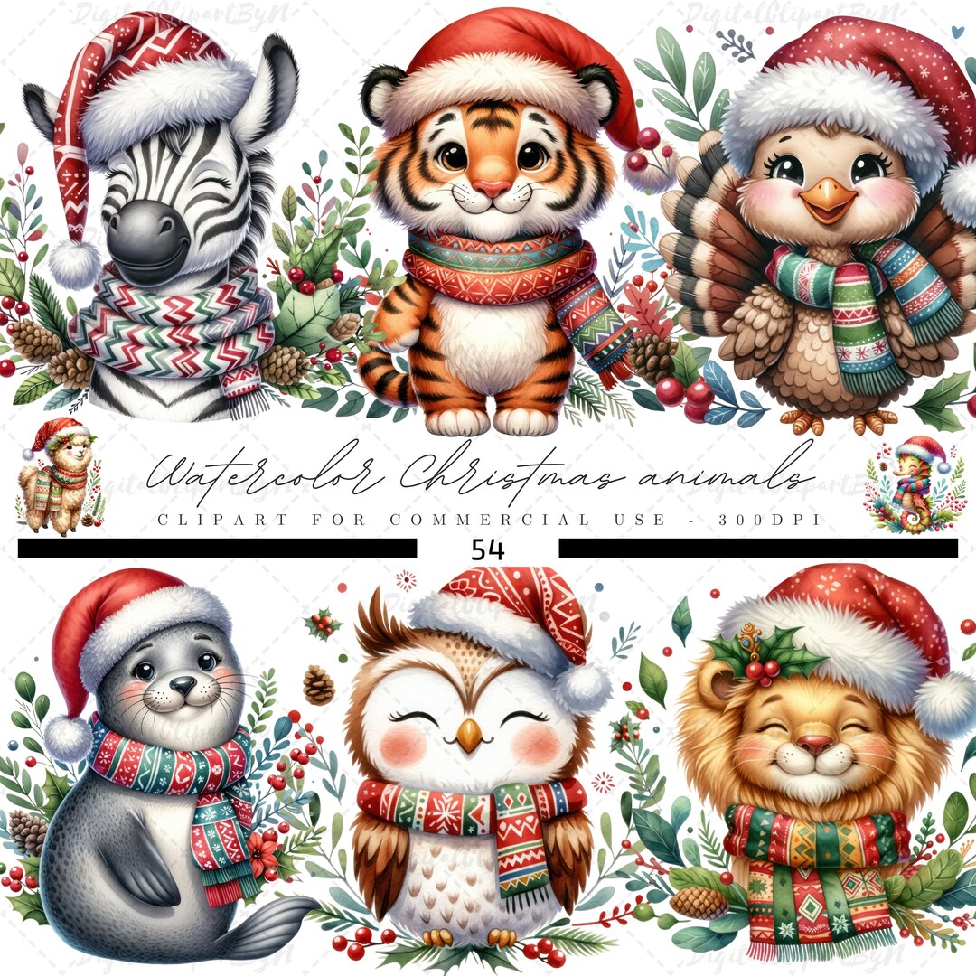 Christmas Animal Clipart Set ,festive Watercolor Cute Animals With ...