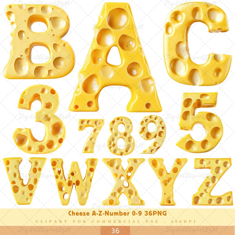 Cheese Alphabet Clipart PNG – 3D Swiss Cheese Letters & Numbers – Food ...
