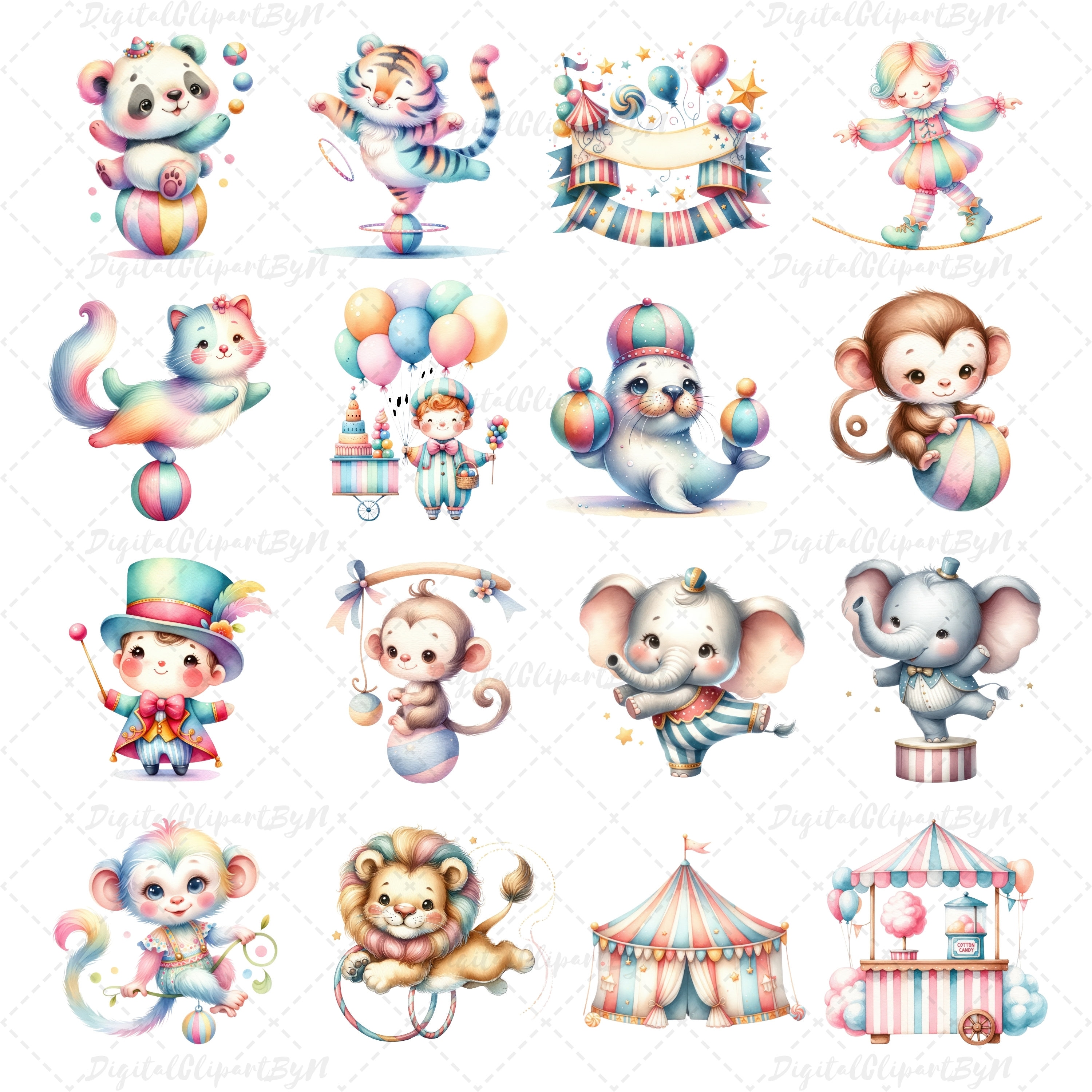 Circus Party Watercolor Clipart L Perfect for Circus-themed Birthdays ...