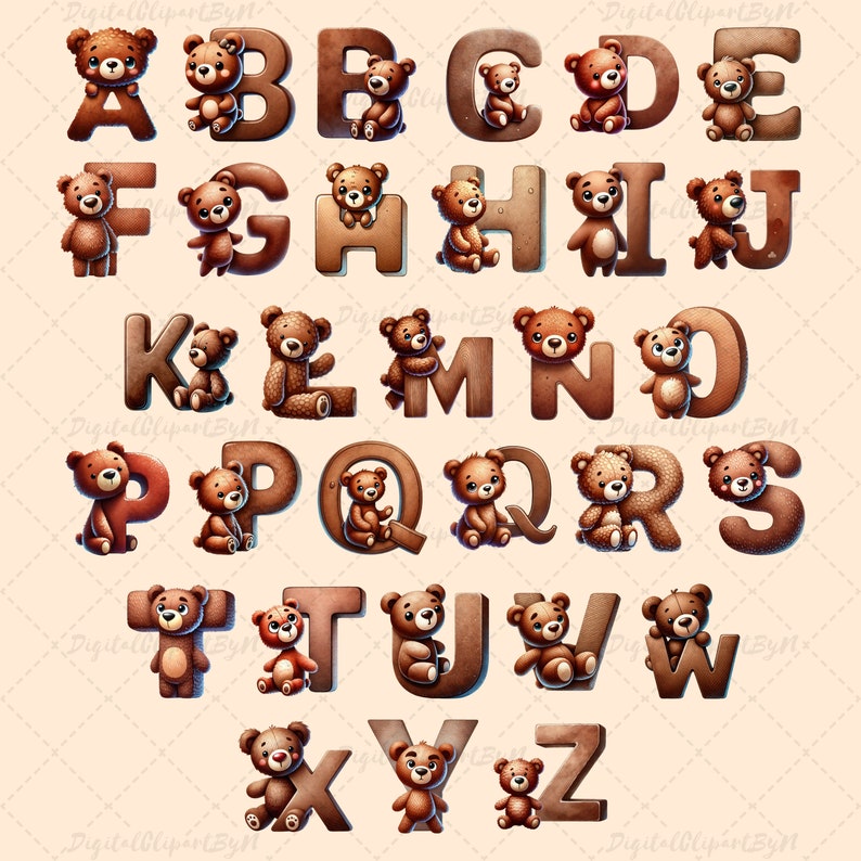 Brown Bear Clipart A-Z, Numbers 0-9, Cute Animal Alphabet Bundle , Bear ...