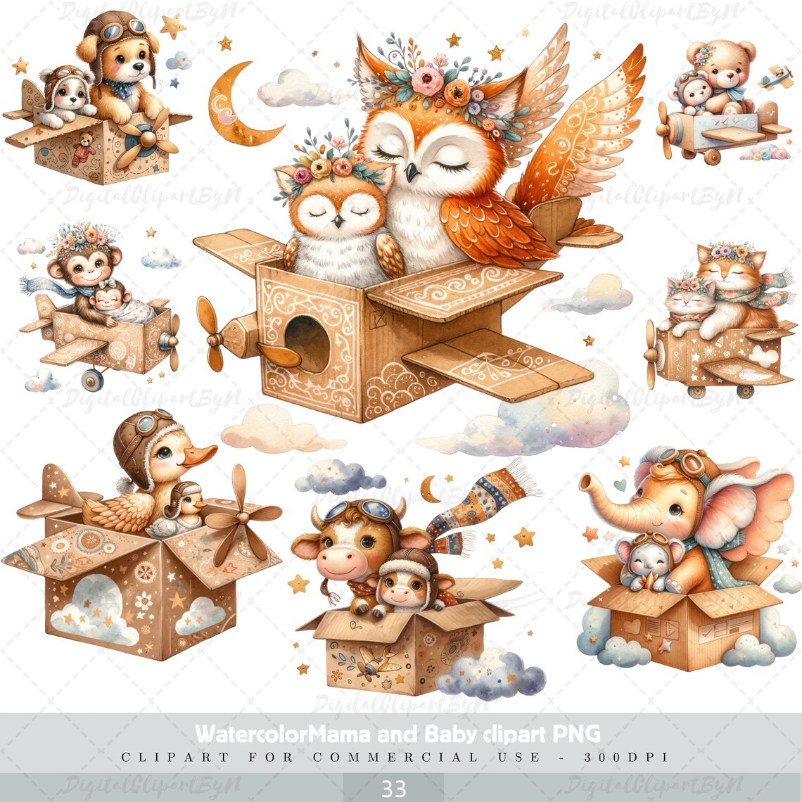 Watercolor Animal Clipart, Mama and Baby Animals, Mother's Day ...