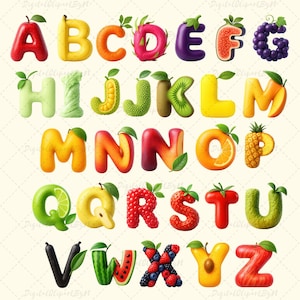 Fruit Alphabet A-Z PNG Clipart – Cute Fruity Letters for Kids, Nursery ...