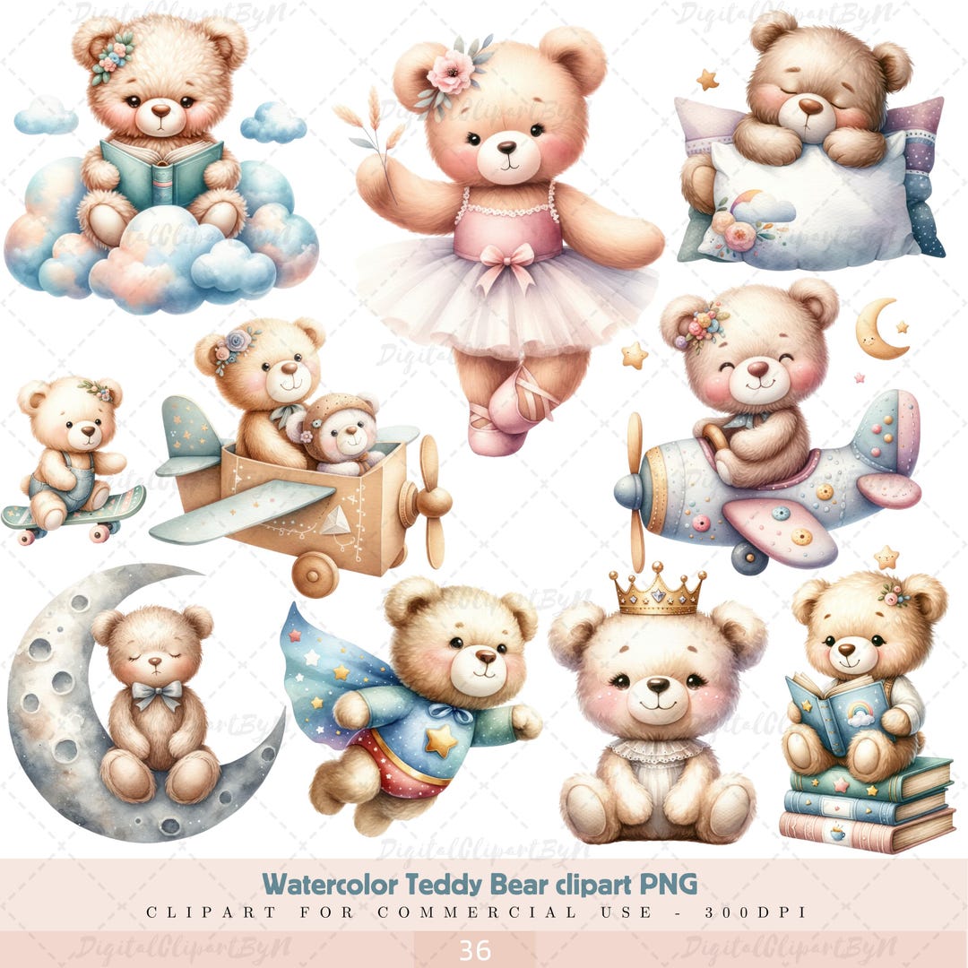 Baby Bear Watercolor Clipart, Baby Bear Nursery PNG, Whimsical Baby ...