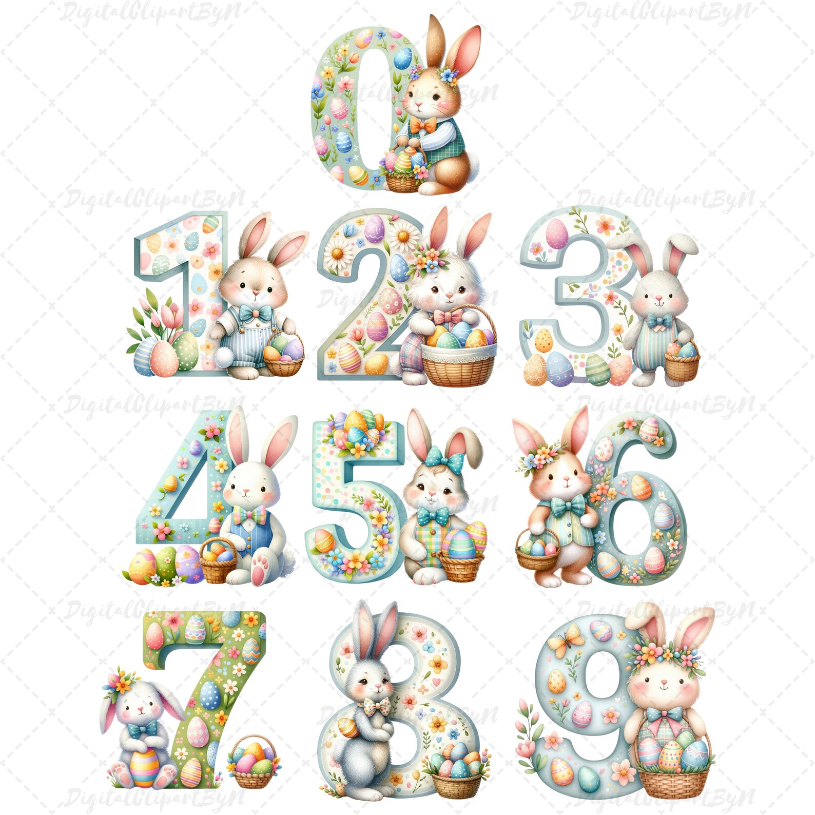 Easter Bunny Alphabet A-Z Number 0-9 Bundle Clipart, Printable Alphabet ...